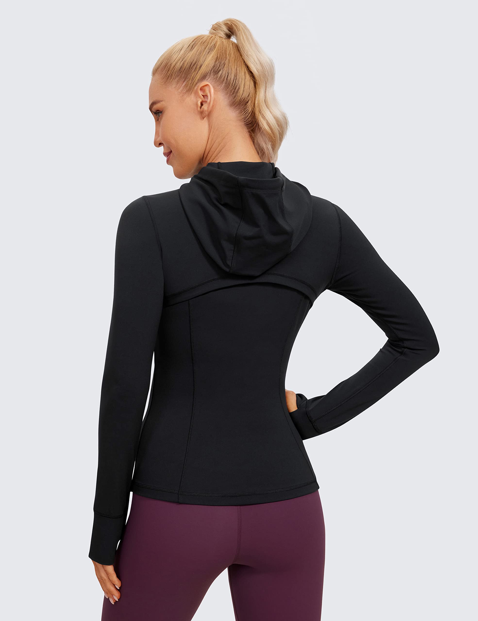 CRZ YOGA Butterluxe Womens Hooded Workout Jacket - Zip Up Athletic Running Jacket with Back Mesh Vent & Thumb Holes Taupe Large