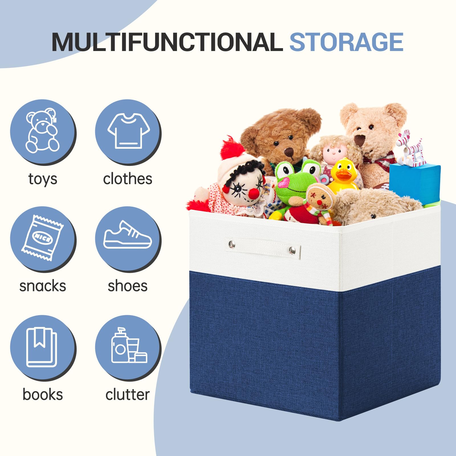 Foldable Storage Bins 13x13 Storage Cubes Fabric Linen Storage Baskets for Shelves Drawer with Handles for Organizing Closet, Utility Room, Storage Room, Nursery, Bedroom Set of 4 White & Navy Blue