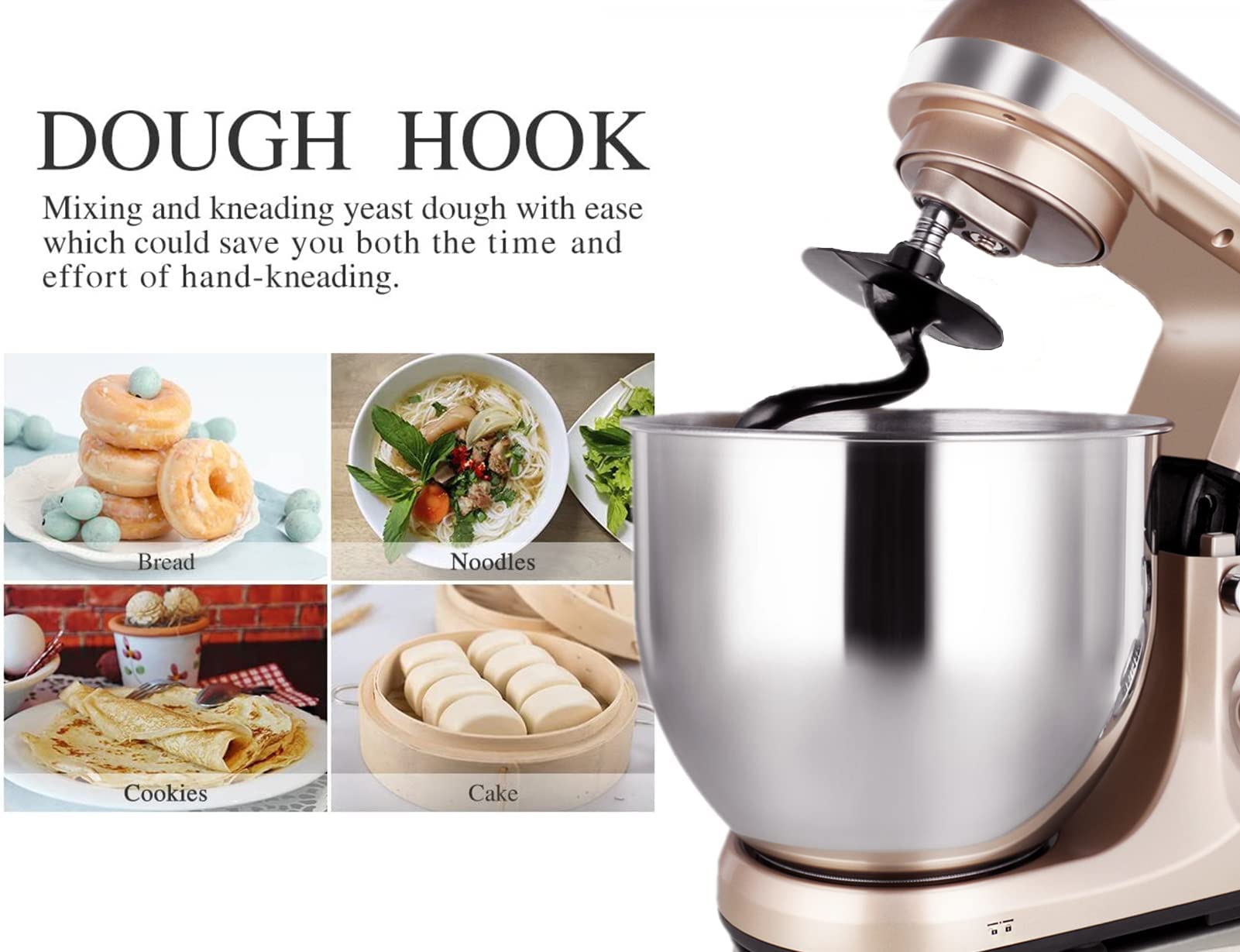 MURENKING Professional Stand Mixer, 6-Qt with Timer, MK37 500W 6-Speed Tilt-Head Food Electric Mixer Kitchen Machine,Plastic (Champagne)