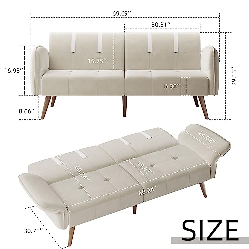 JAMFLY 69'' Velvet Futon Sofa Bed, Convertible Futon Couch Sleeper Sofa with Adjustable Armrests and Backrest, Modern Loveseat Sofa for Living Room, Bedroom…