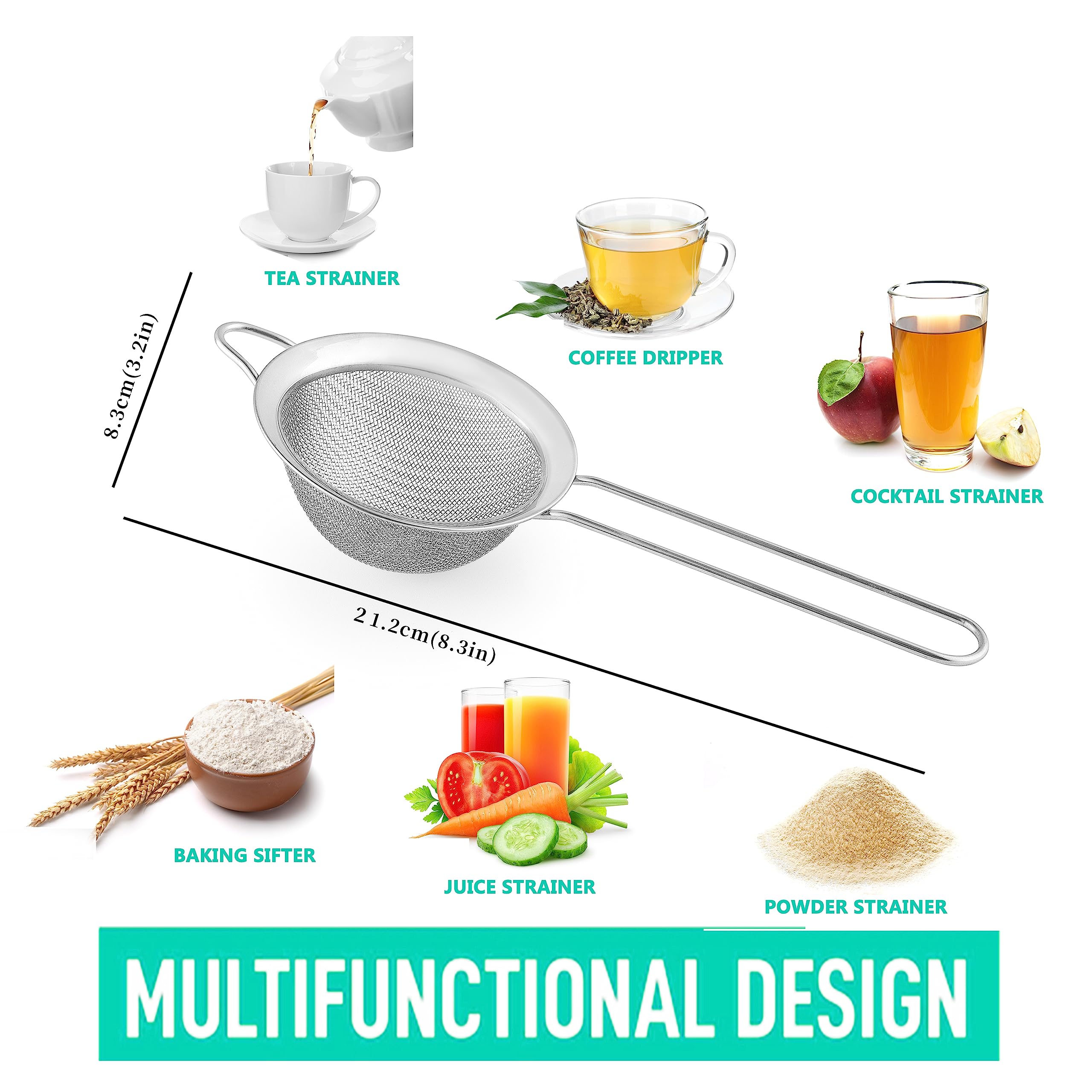 Fine Mesh Strainers for Kitchen, COKUMA Stainless Steel Metal Hand Small Mini Sieve Strainer, Cocktail Strainer Tea Coffee Juice Strainer,Food Strainer with Handlle (3.35inch, Silver)