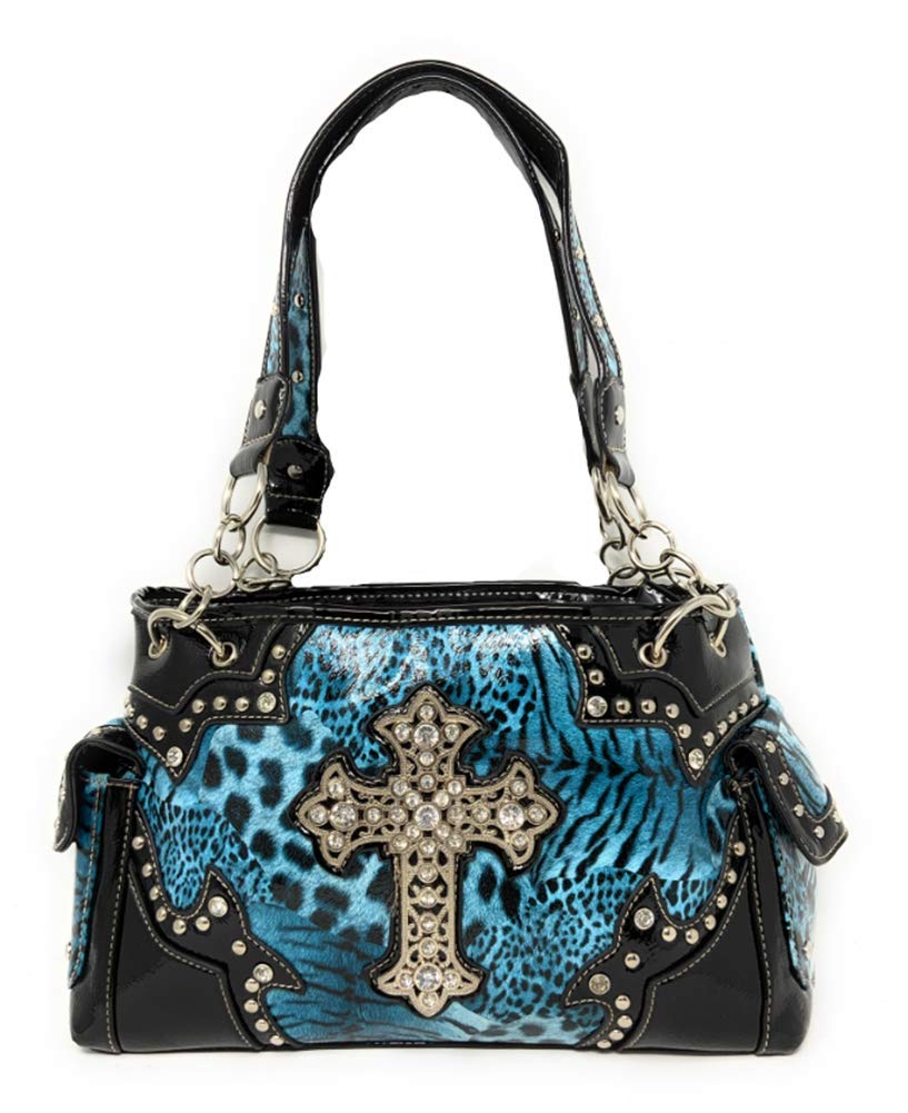 western rhinestone cross leopard concealed carry handbag with matching wallets in 3 colors (Blue)