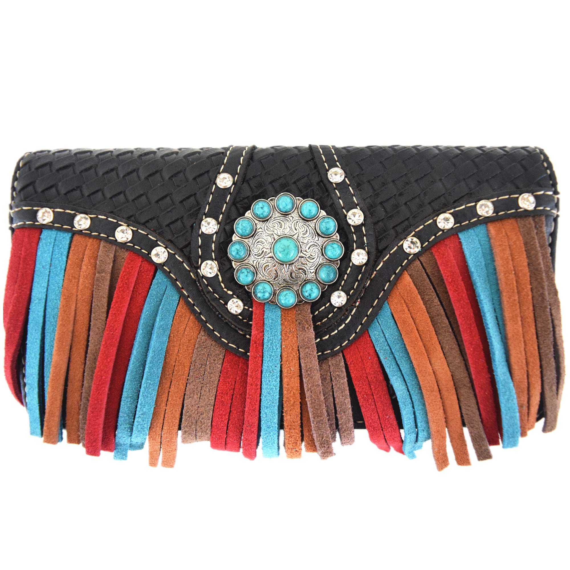 Western Style Fringe Conchos Gem Rhinestone Studded Braided Leather Purse Country Handbag Women Shoulder Bag Wallet Set (Red Set)