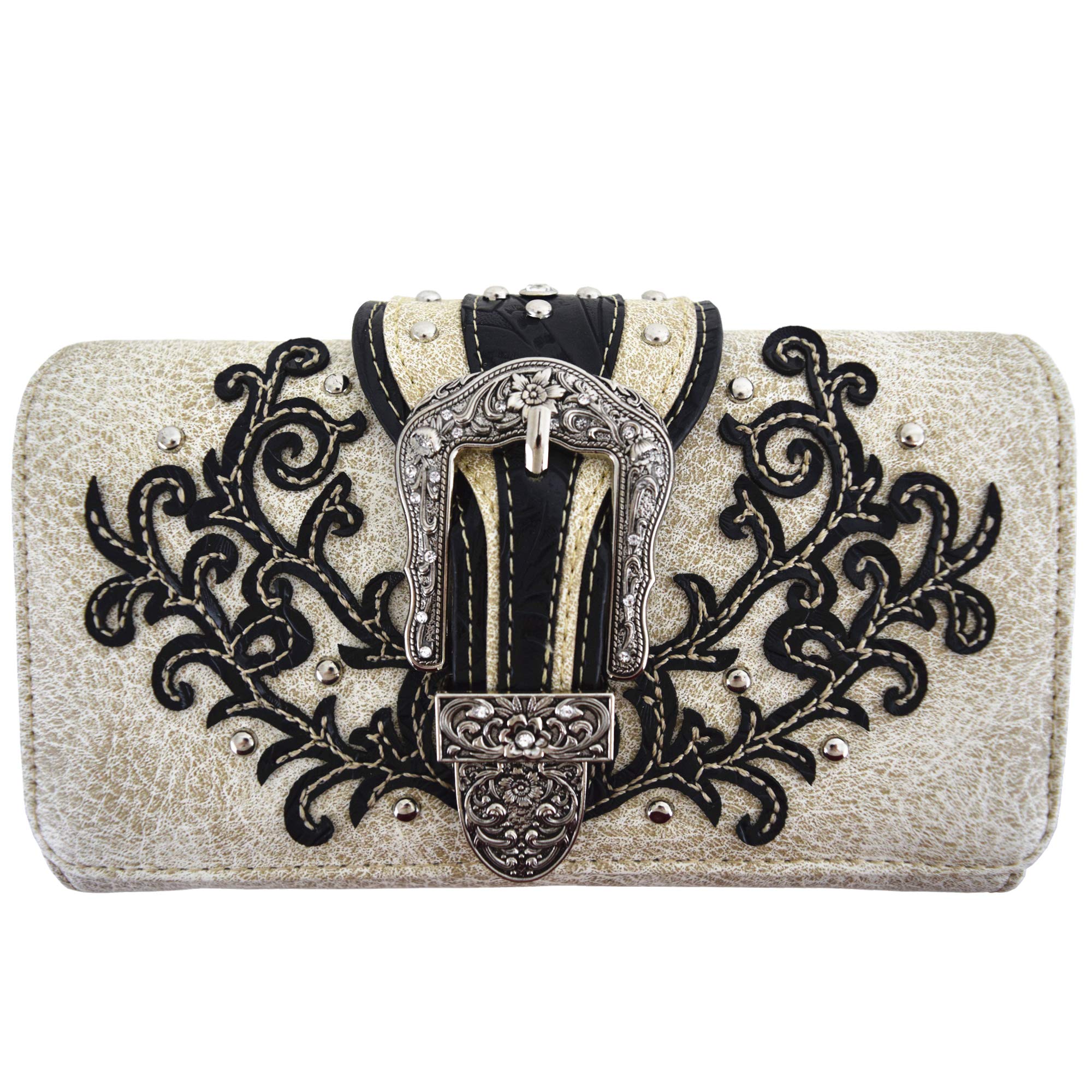 Western Style Tooled Leather Buckle Concealed Carry Purse Country Handbag Women Shoulder Bag Wallet Set (Beige Set)