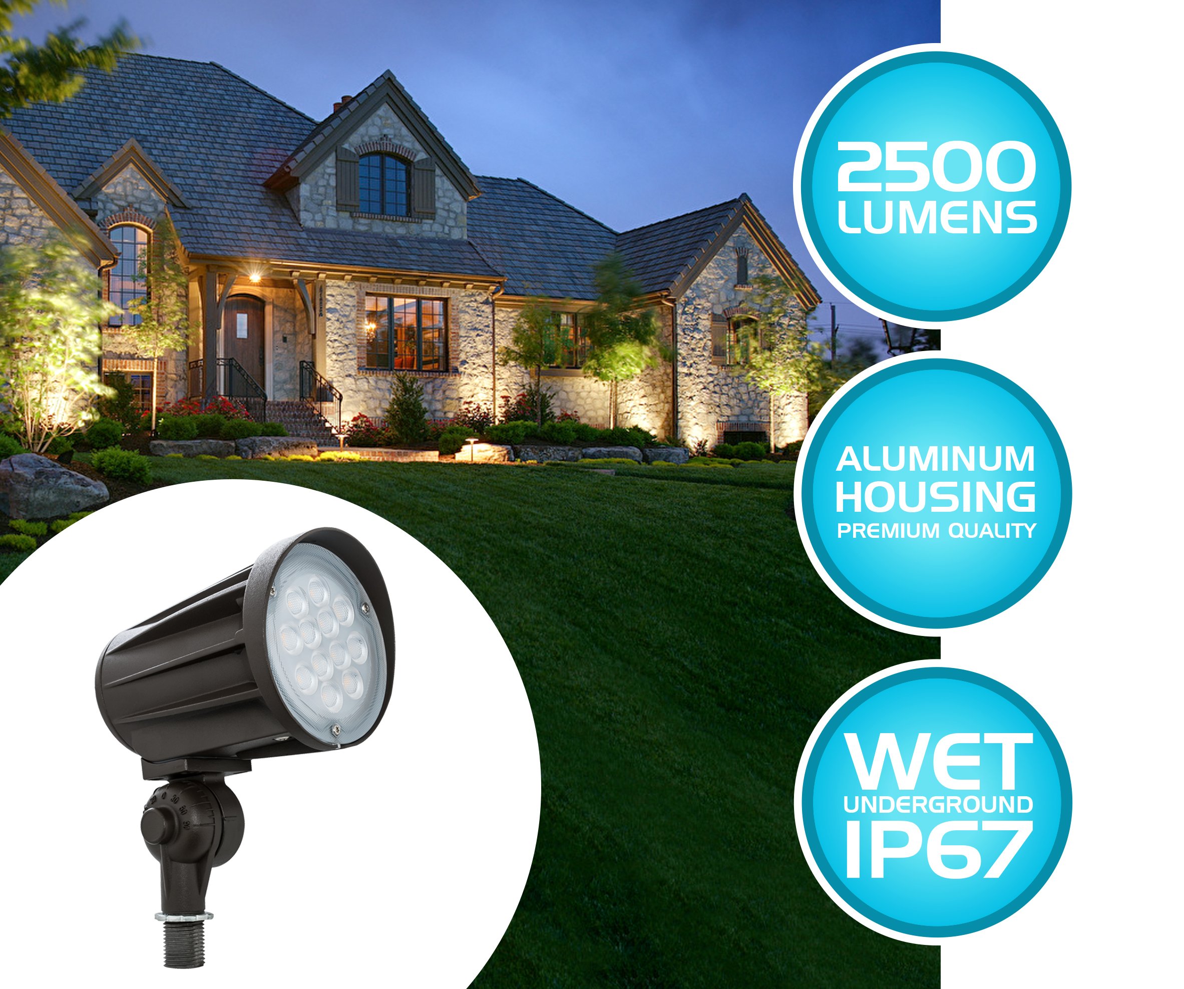 Westgate WG LED 12 Volt Outdoor Landscape Garden Bullet Flood Lights - Path Walkway Lawn Spotlights - Wire/Spike Accessories Included (24W 5000K Cool White Bronze)