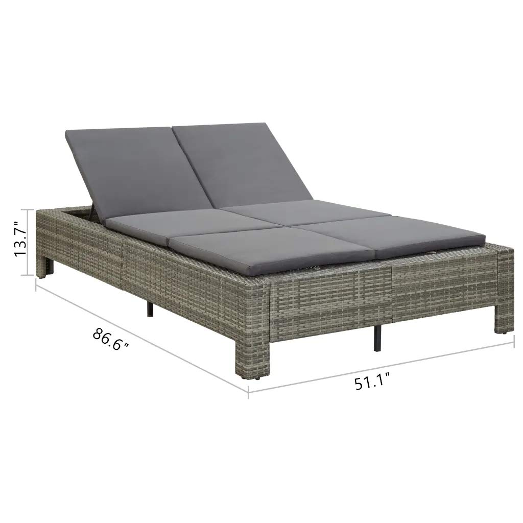 Canditree Outdoor Daybed with Cushions, 2-Person Chaise Lounge Adjustable Back Poly Rattan for Patio Garden Poolside (Gray)