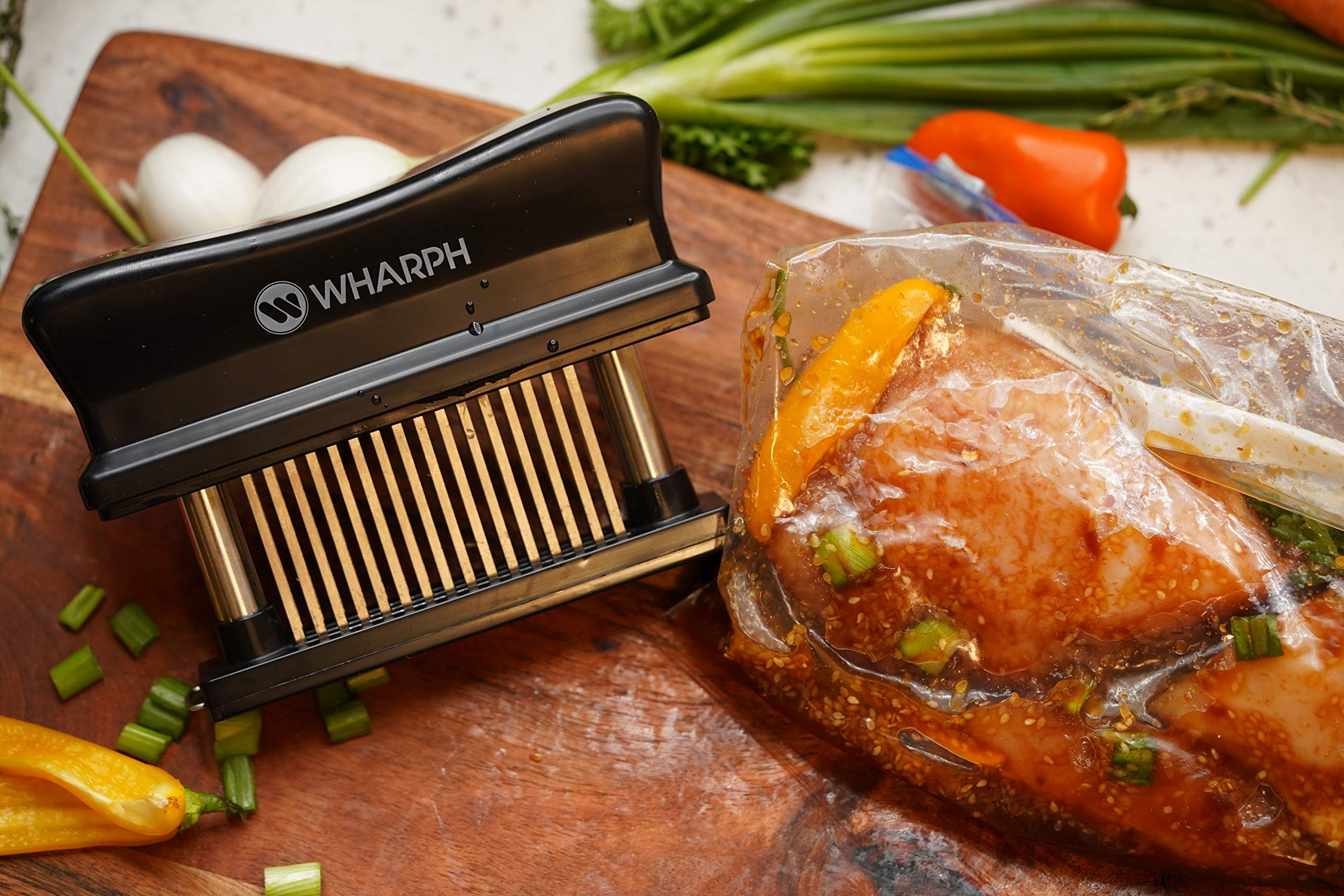 WHARPH Premium Meat Tenderizer - Manual Hand Held Heavy Duty and Dishwasher Safe 48-Blade Stainless Steel Razor Pin Press Kitchen Tool -Great for Tenderizing Beef Pork Chicken BBQ Steak Marinade