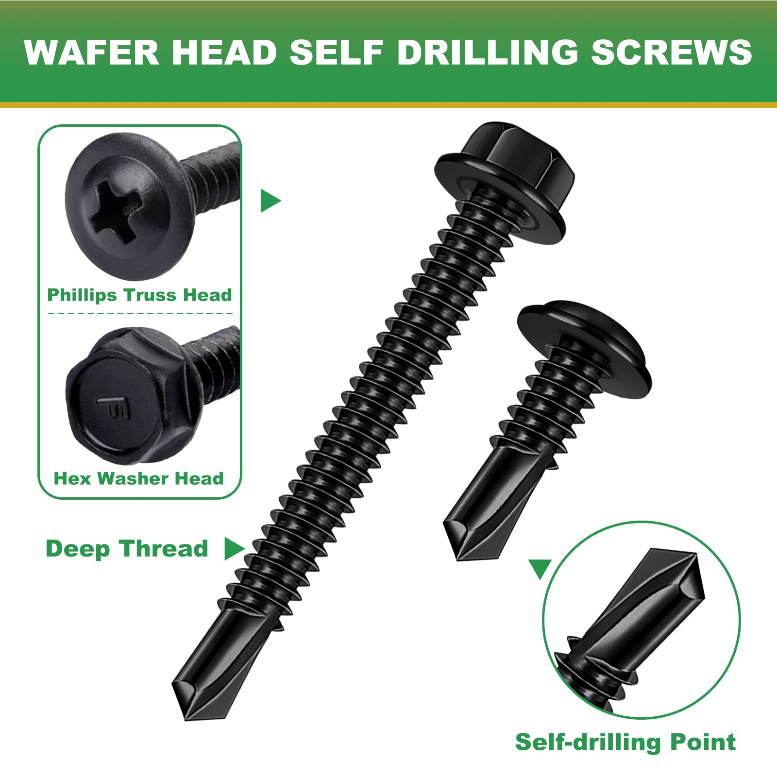 FOLIV 334PCS #8 & #10 Black Self Tapping Screws, 410 Stainless Steel Metal Assorted Screws Assortment Kit, Hex Washer Head & Modified Truss Head Black Oxide Self Drilling, 12 Different Sizes