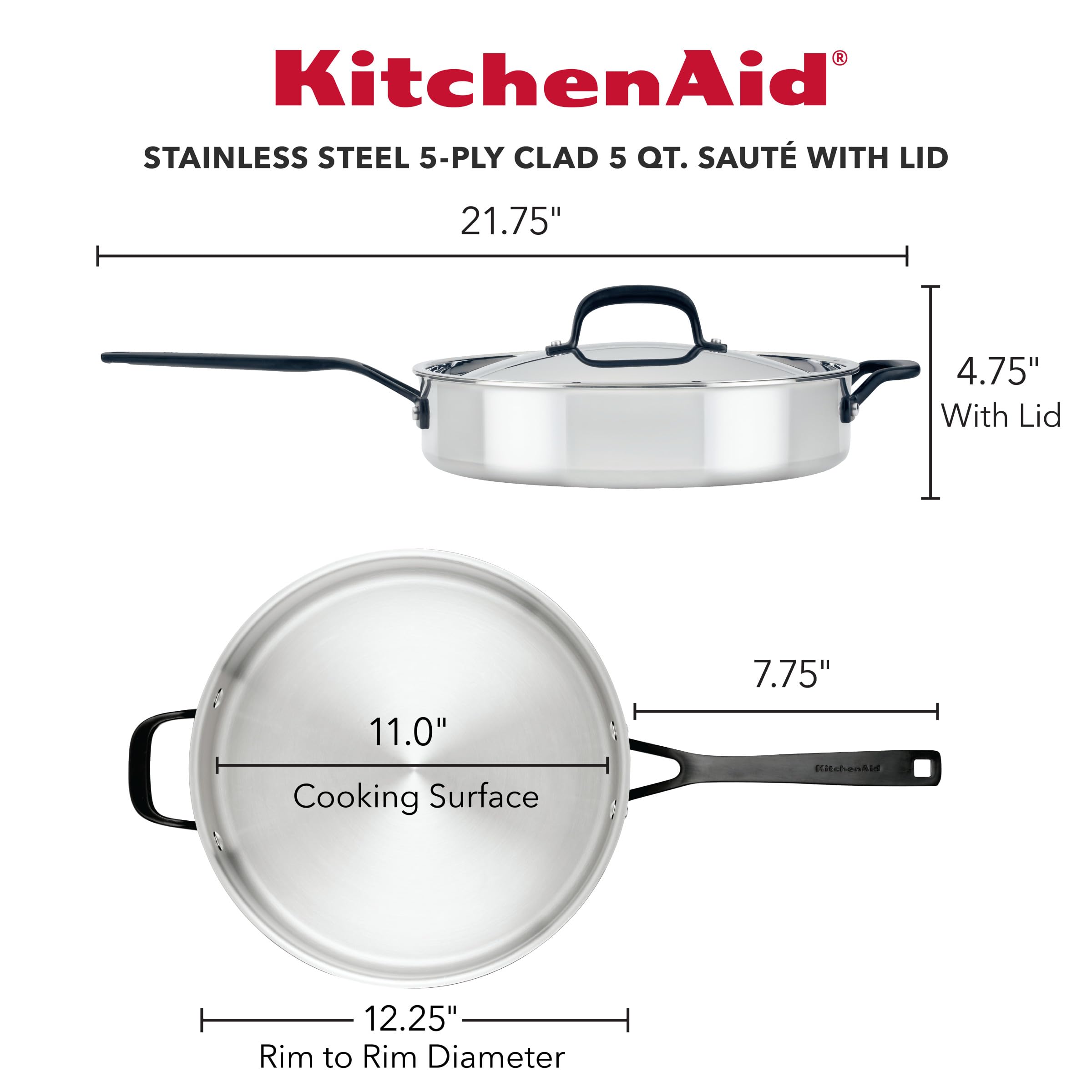 KitchenAid 5-Ply Clad Stainless Steel Stainless Steel Induction Saute Pan with Lid, 5 Quart - Polished Stainless Steel