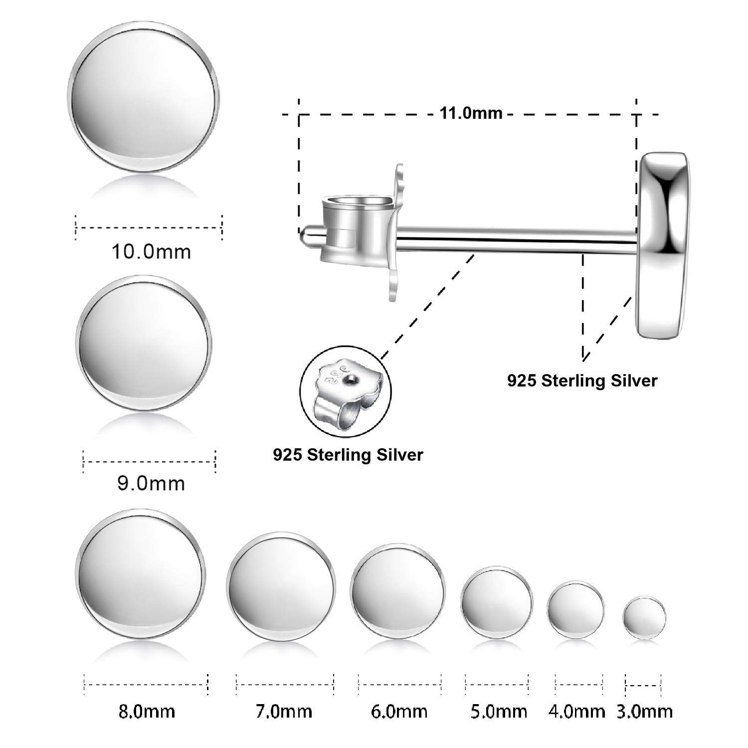 White Gold Plated Sterling Silver Dot Stud Earrings 3mm-10mm Options, Flat Round Disc Studs Hypoallergenic Jewelry (5mm)