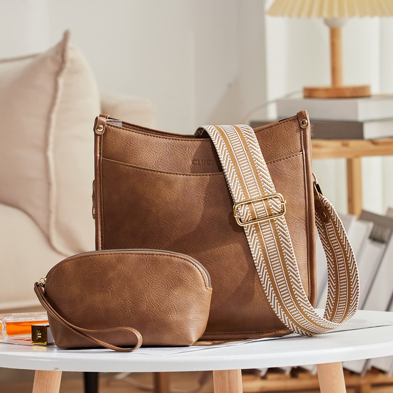CLUCI Crossbody Bag Purses for Women 2Pcs Leather Hobo Handbag Wallet Set With 2Adjustable Guitar Strap Shoulder Handbag