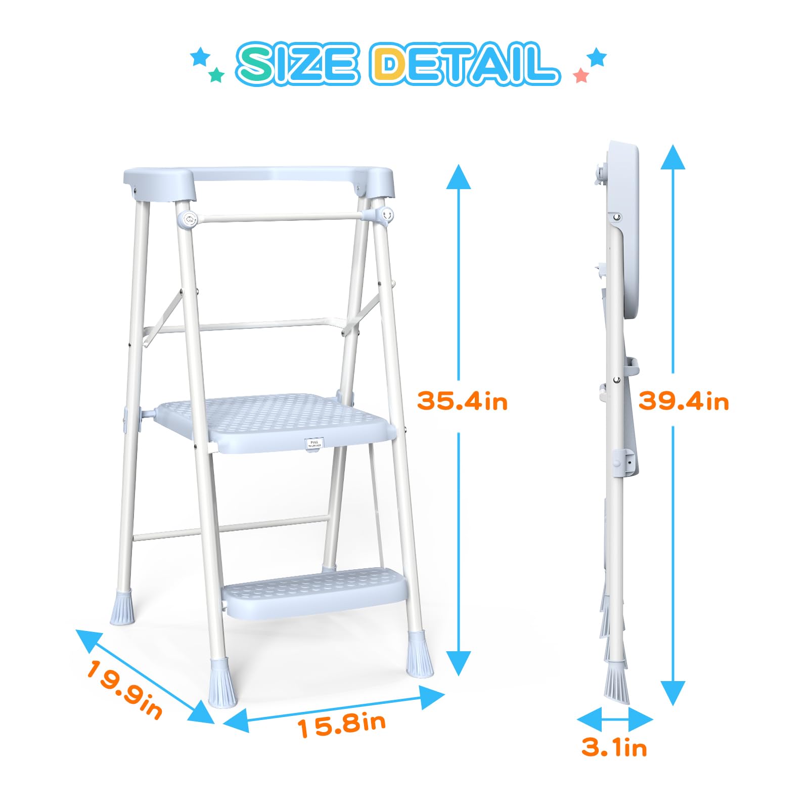 Kids Kitchen Step Stool 2 Steps, Toddler Tower for Kitchen Counter Learning, Toddler Kitchen Stool Helper with Anti-Drop Safty Railing Kids Standing Folding Stepper