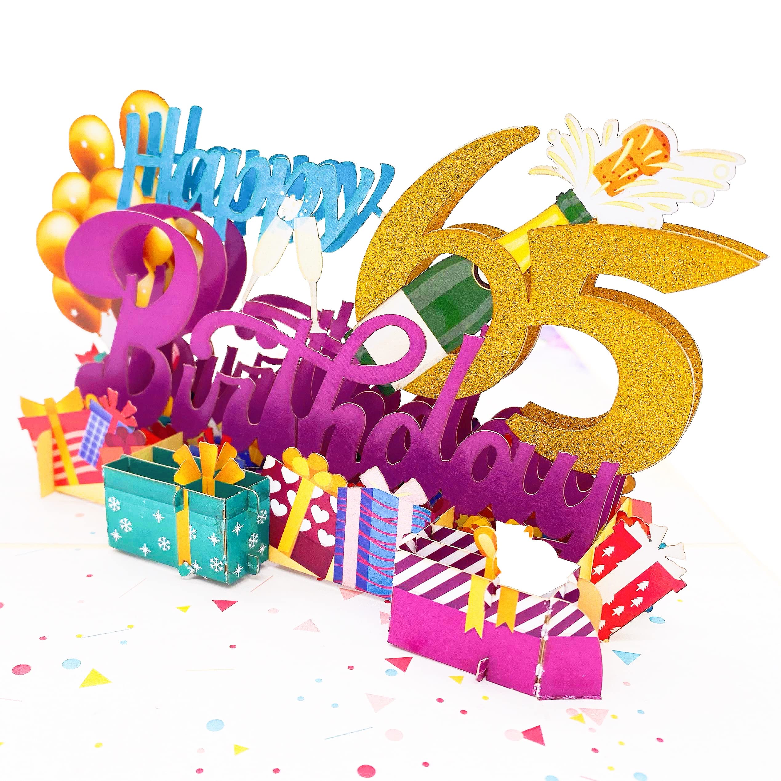 Liif Happy 65Th Birthday 3D Greeting Pop Up Card, Happy Birthday Card For Women, Men, Funny, 65 Years Old, Balloon, Champagne, Celebration - With 65 Gold Glitter & Message Note