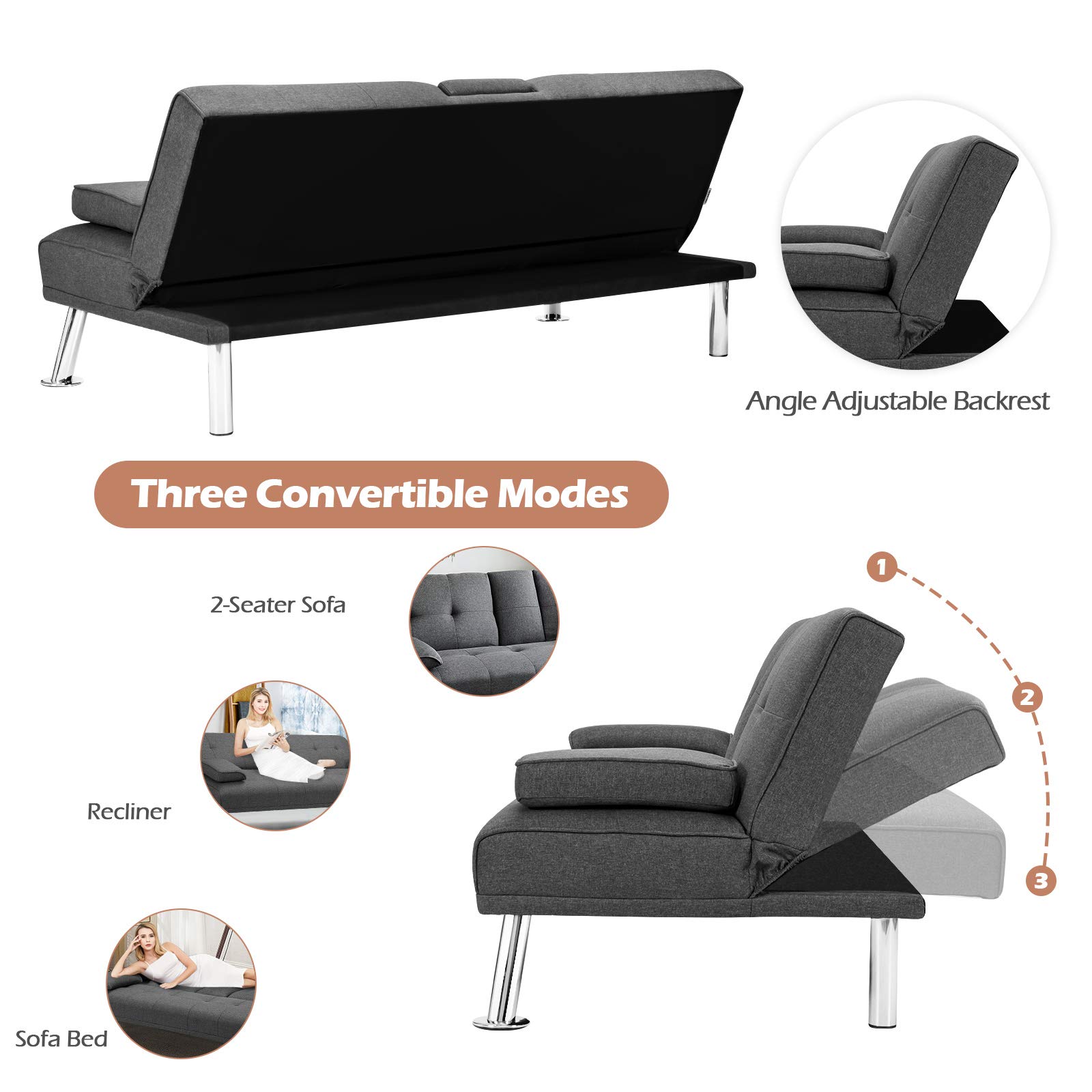 KOMFOTT Upholstered Futon Sofa Bed, Linen Futon Sofa Couch with Adjustable Backrest & Removable Armrests, 2 Cup Holders, Convertible Sleeper Sofa Love Seat for Living Room Apartment (Dark Gray)