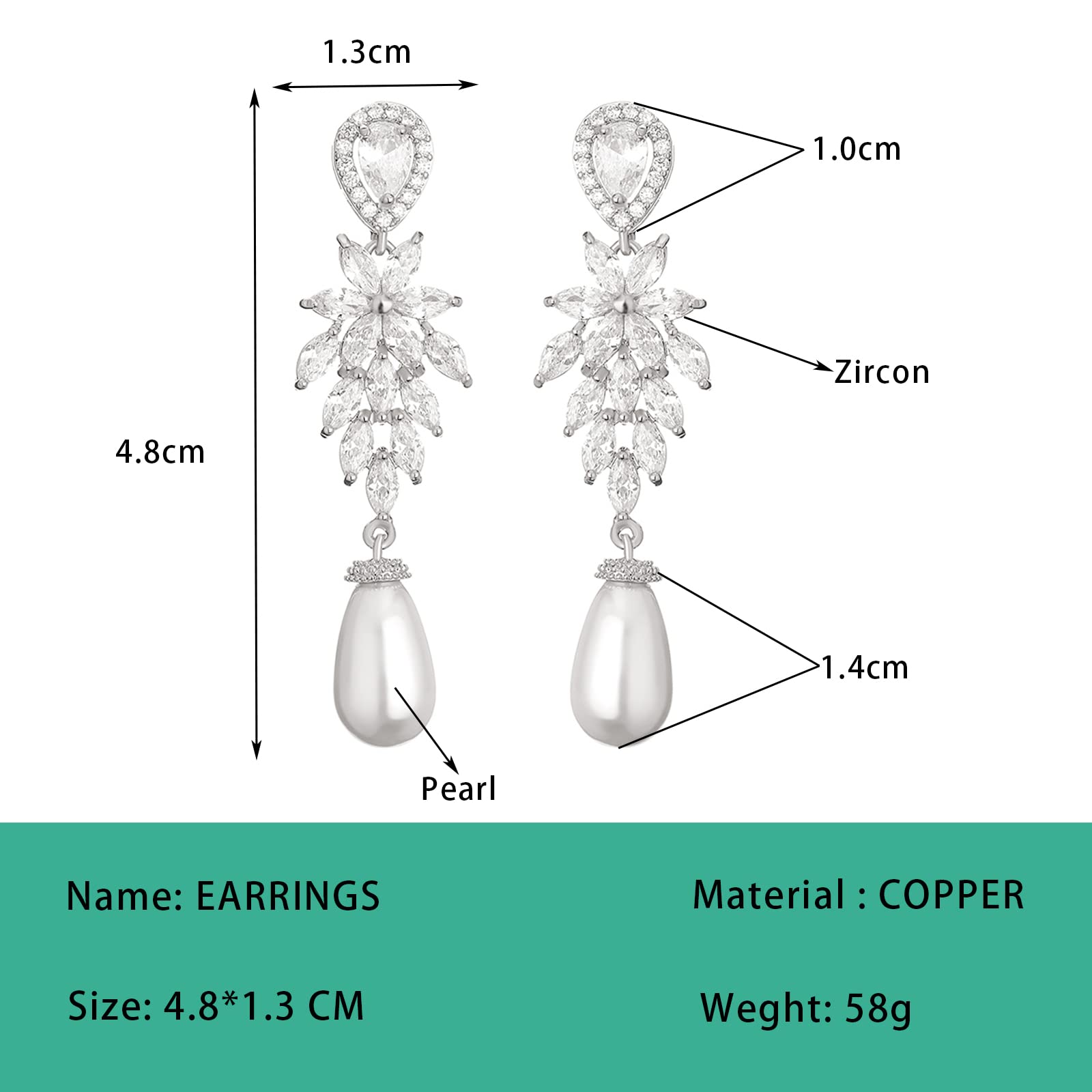 Cubic Zirconia Pearl Drop Wedding Earrings for Brides Bridesmaids, Pearl Drop Earrings for Women Parties, weddings, appointments. (Silver)