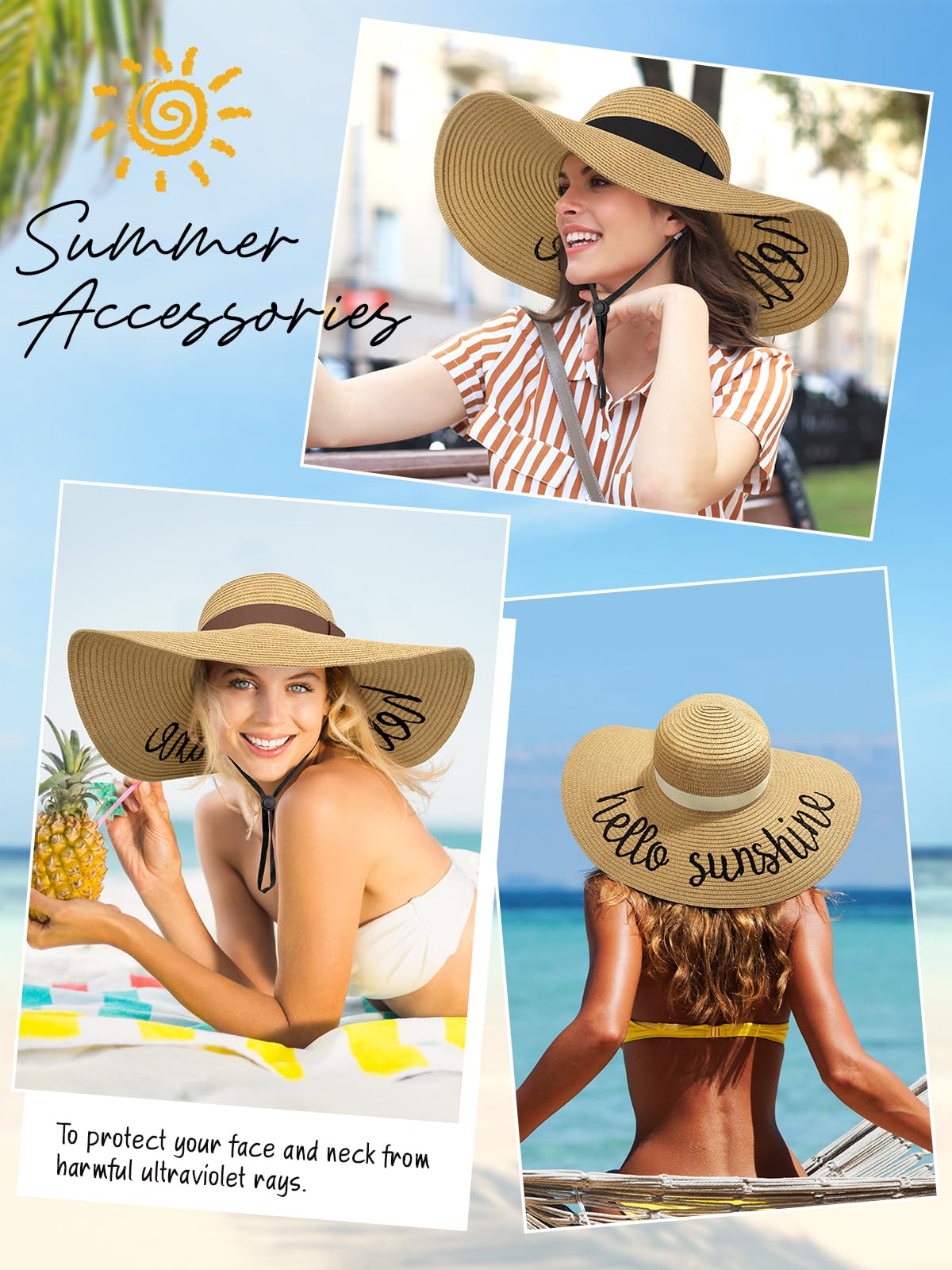 Floppy Beach Hats for Women, Foldable Wide Brim Sun Hat Embroidered Roll up Straw Hat - Vocation, Honeymoon, Travel Khaki