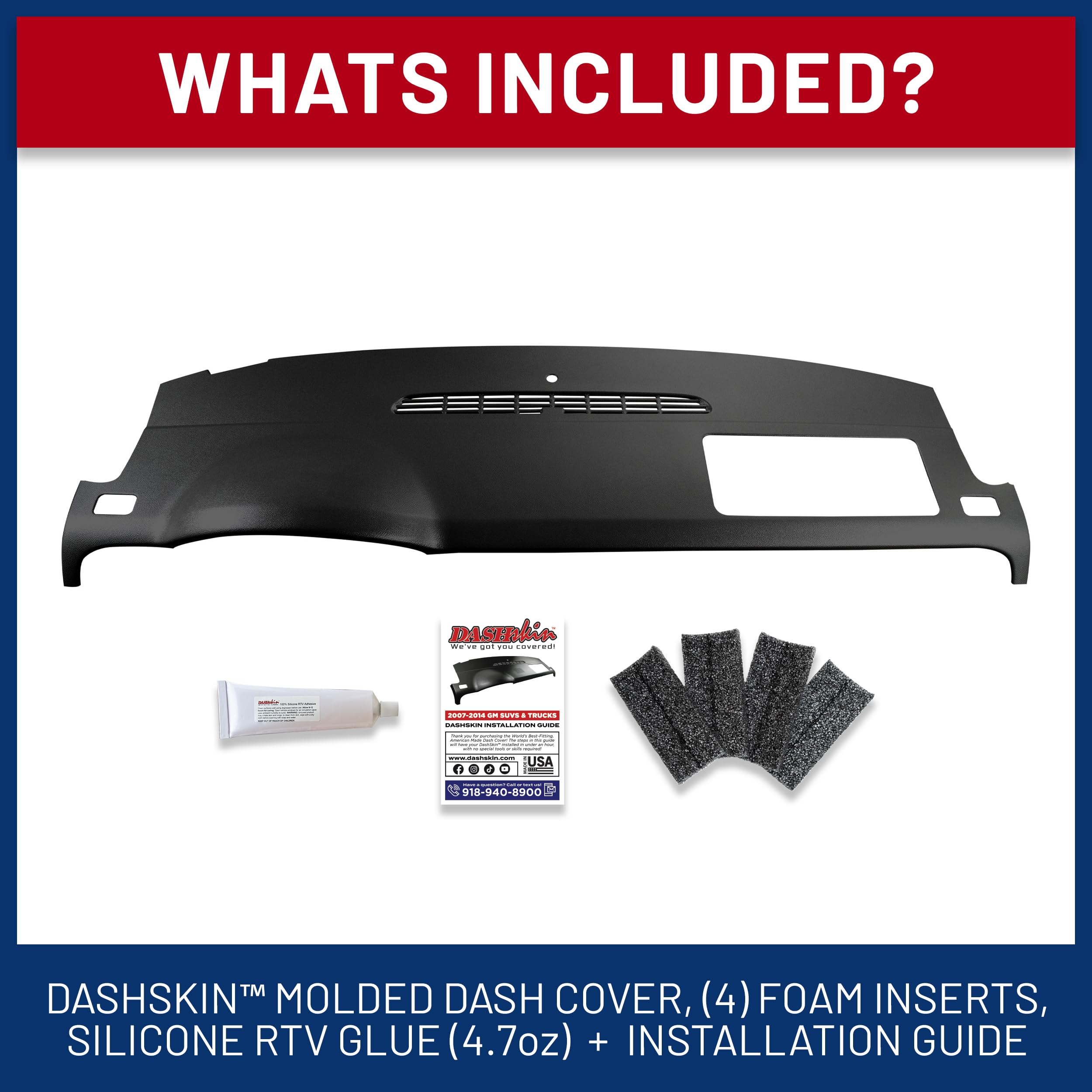 DashSkin USA American Made Dash Cover Cap Compatible with 07-14 Tahoe Suburban Yukon Avalanche - Easy Cracked Dash Fix - w/o Speaker Holes in Black (Fits Single Glovebox Silverado/Sierra ONLY)