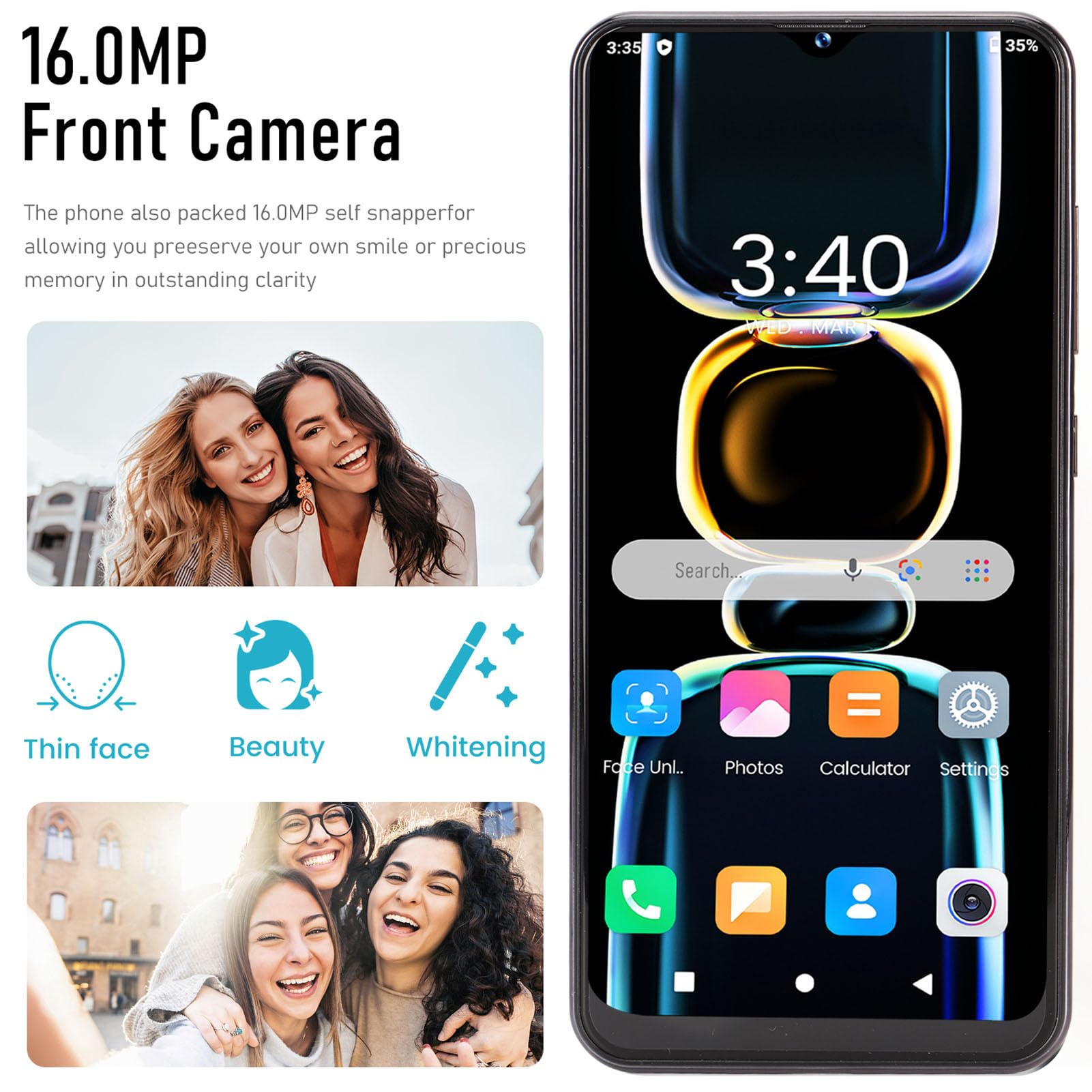 DAUZ Face Unlock Phone, 6500mAh Battery 100-240V 2.4G 5G WiFi Unlocked Smartphone 4G for Office 12 (US Plug)