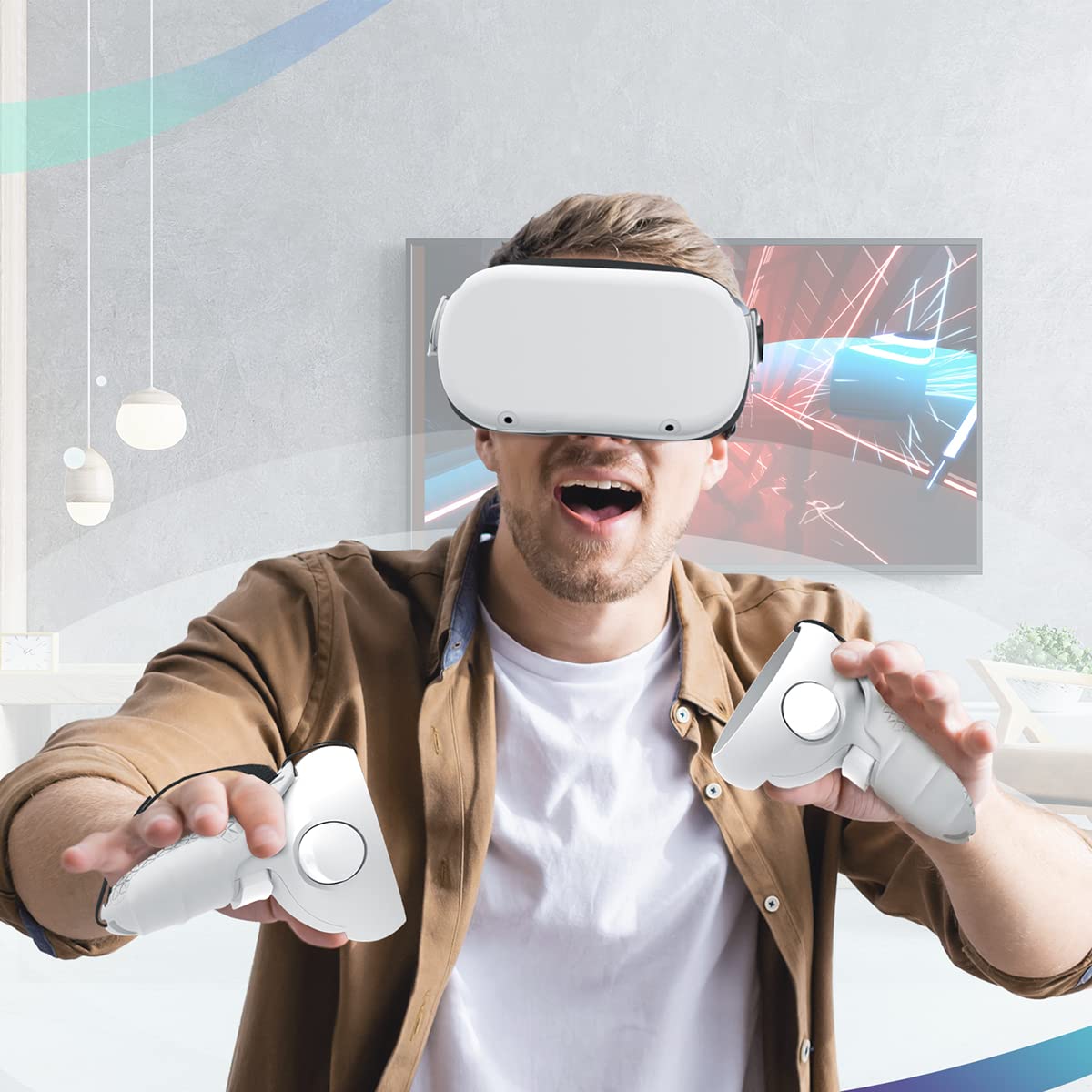 CNBEYOUNG Touch Controller Grip Cover Compatible with Quest 2, Anti-Throw Handle Sleeve Quest 2 Accessories with Nylon Adjustable Wrist Knuckle Strap(White)