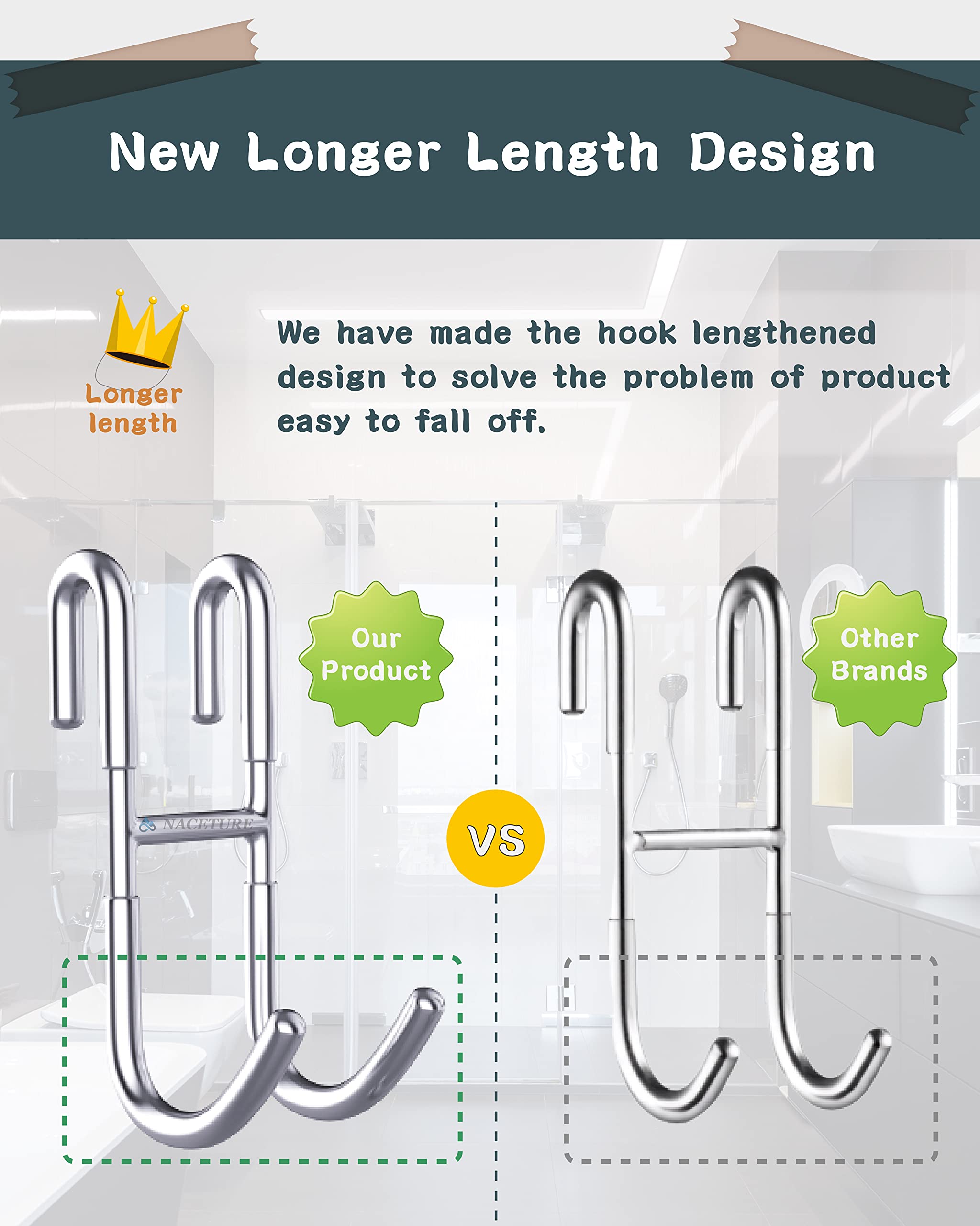 NACETURE Over Shower Door Hooks (3 Pack) Towel Hooks Towel Hanger for Bathroom No Drill Frameless Glass –Stainless Steel Bar Holder, Shower Squeegee Rack, Glass Robe Hook for Organize (Clear 3 Pack)
