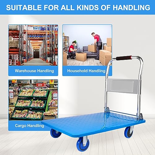 Folding Dolly Cart with Wheels Collapsible - 2000lbs Alloy Steel Portable Foldable Moving Push Utility Flat Hand Trucks, Heavy Duty Trolley Dolley with 360 Degree Swivel Wheels
