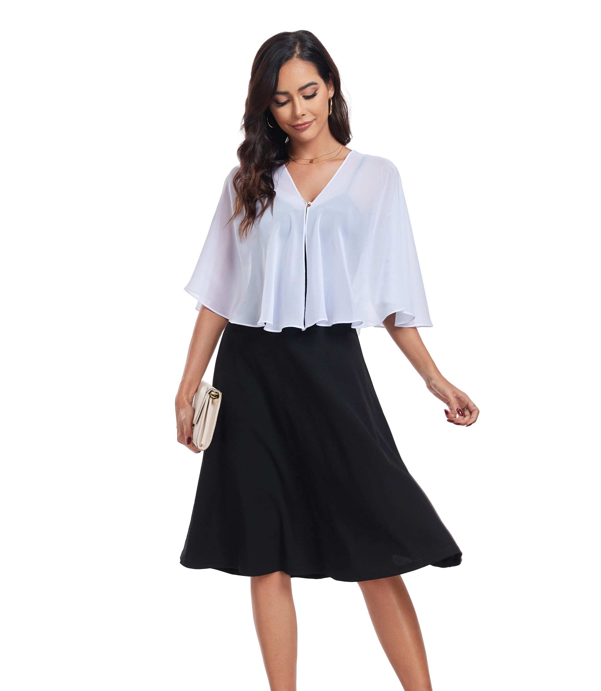 Fttyeiby Shawls and Wraps for Evening Dresses Chiffon Soft Wedding Guest Shawl Cape V Neck Capelets White