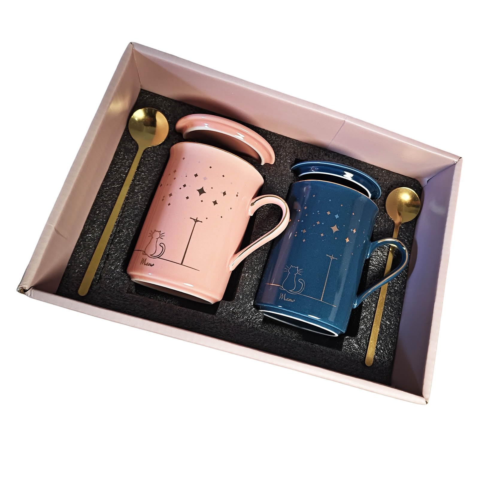 KUNVAMUL Starry Sky Cat Coffee Mug Gift Set 11 OZ,Ceramic Cups,Spoons,Lover coffee cups for Valentine's Day Wedding Anniversary,Cat Lovers(Blue)