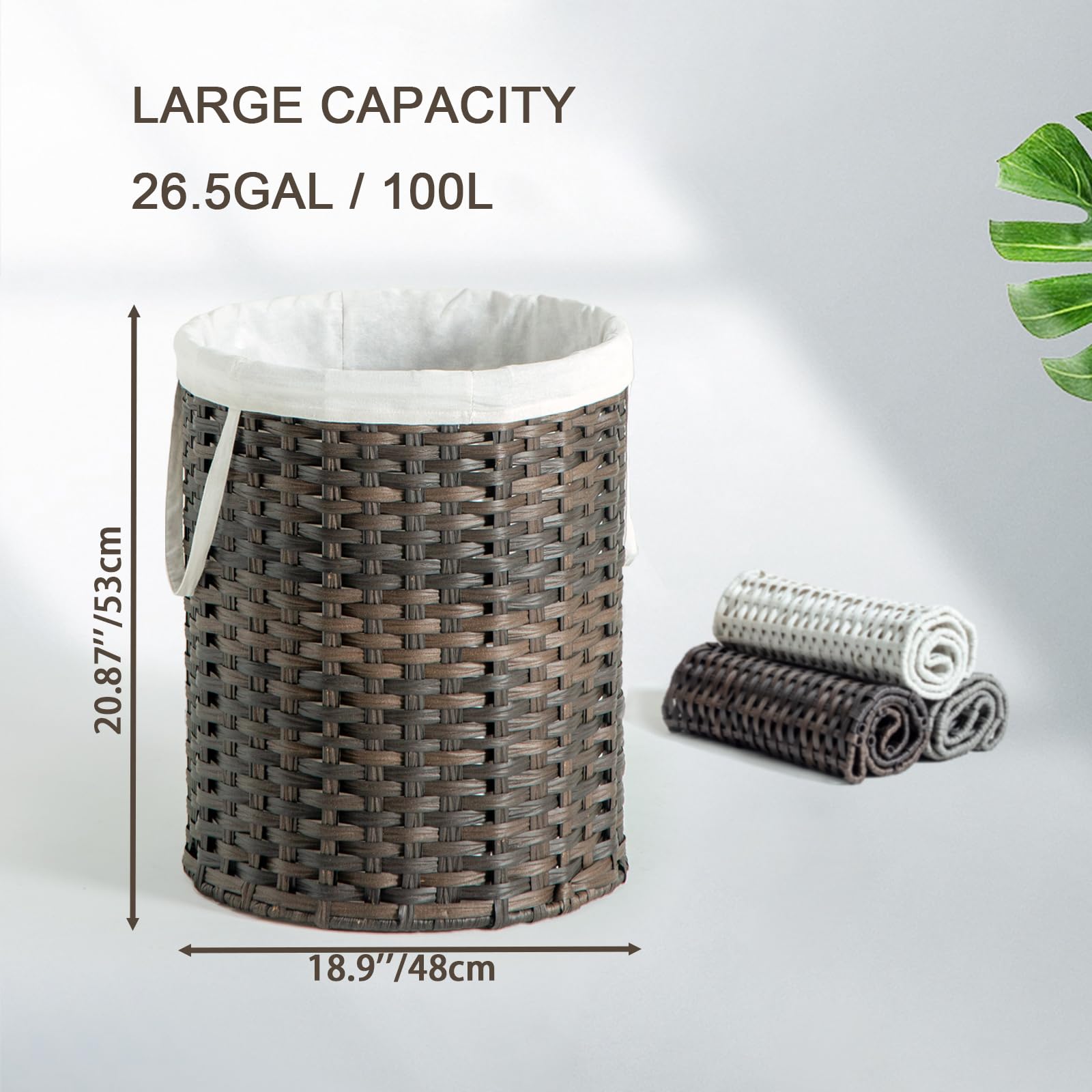 KUREEISE Laundry Basket, Handwoven Rattan Laundry Hamper, No Install Needed, 26.5 Gal (100L) Round Clothes Hamper with Removable Bag & Handles, Foldable Storage Basket for Bedroom(Brown)
