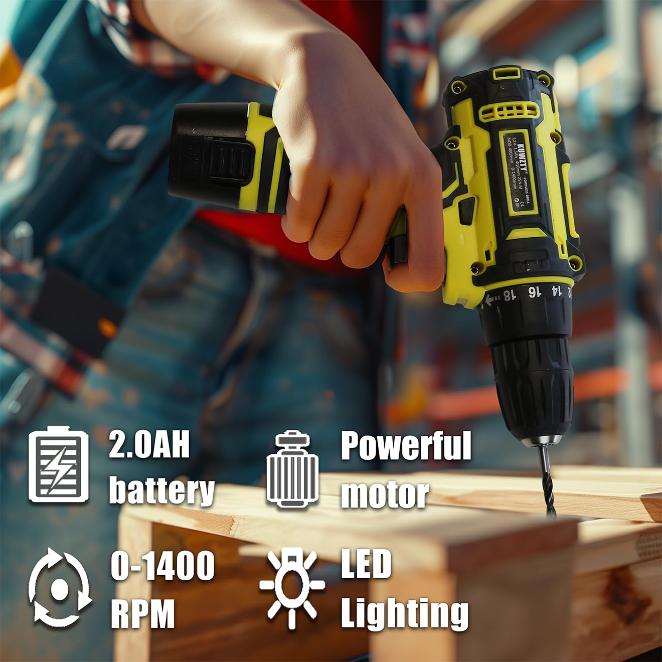 KUWZTY Cordless Drill Set, 12v Lithium Ion Power Drill with Battery and Charger, Compact Driver/Drill Kit, 3/8-Inch Keyless Chuck, 2 Variable Speed, 18+1 Position and LED Light and 15pcs Accessories