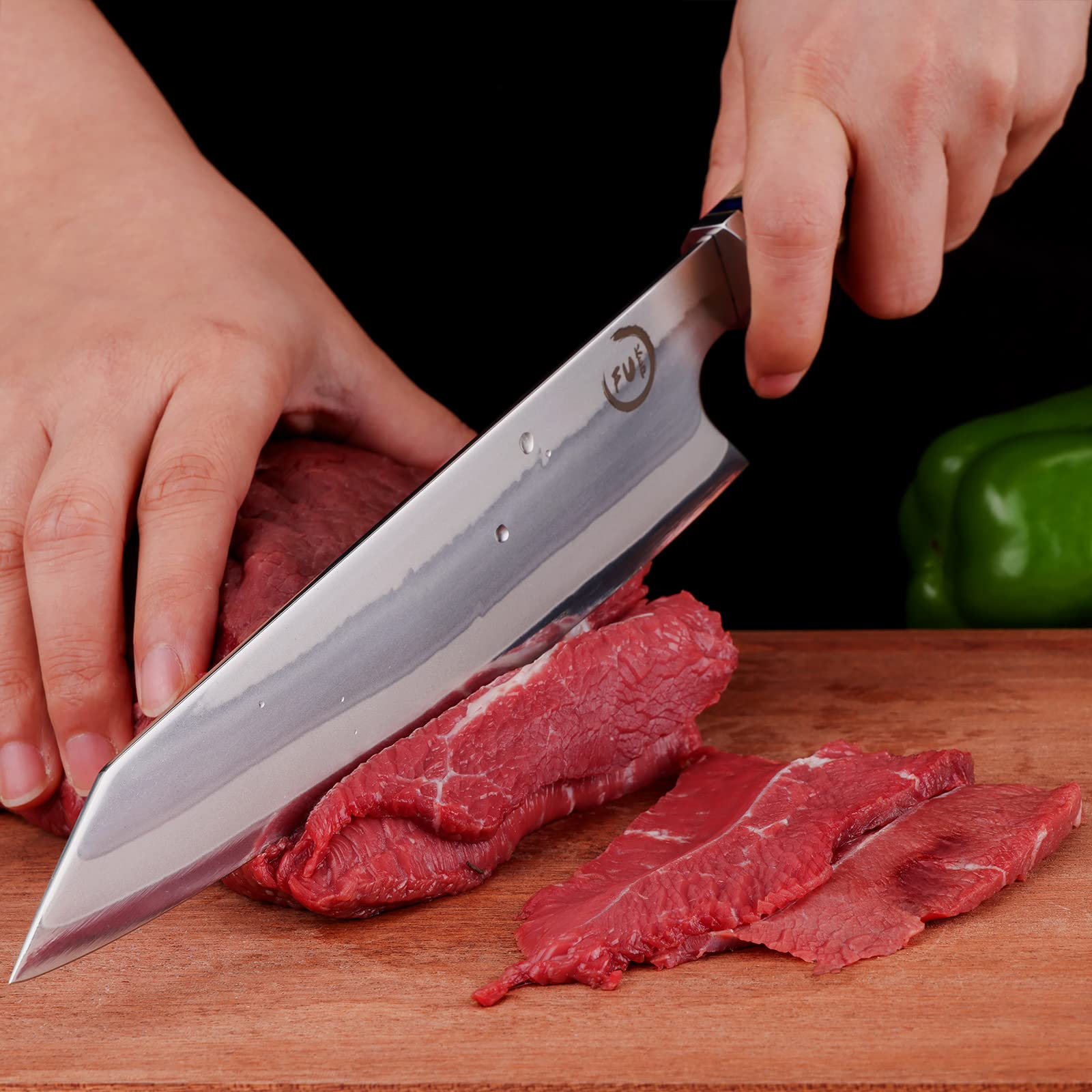 Fukep Japanese Chef Knife, Chef Knife 8 Inch - Carbon Steel 440c with Attractive Blue Resin Handle, Super High Cost-Performance Kiritsuke Knife with Sheath