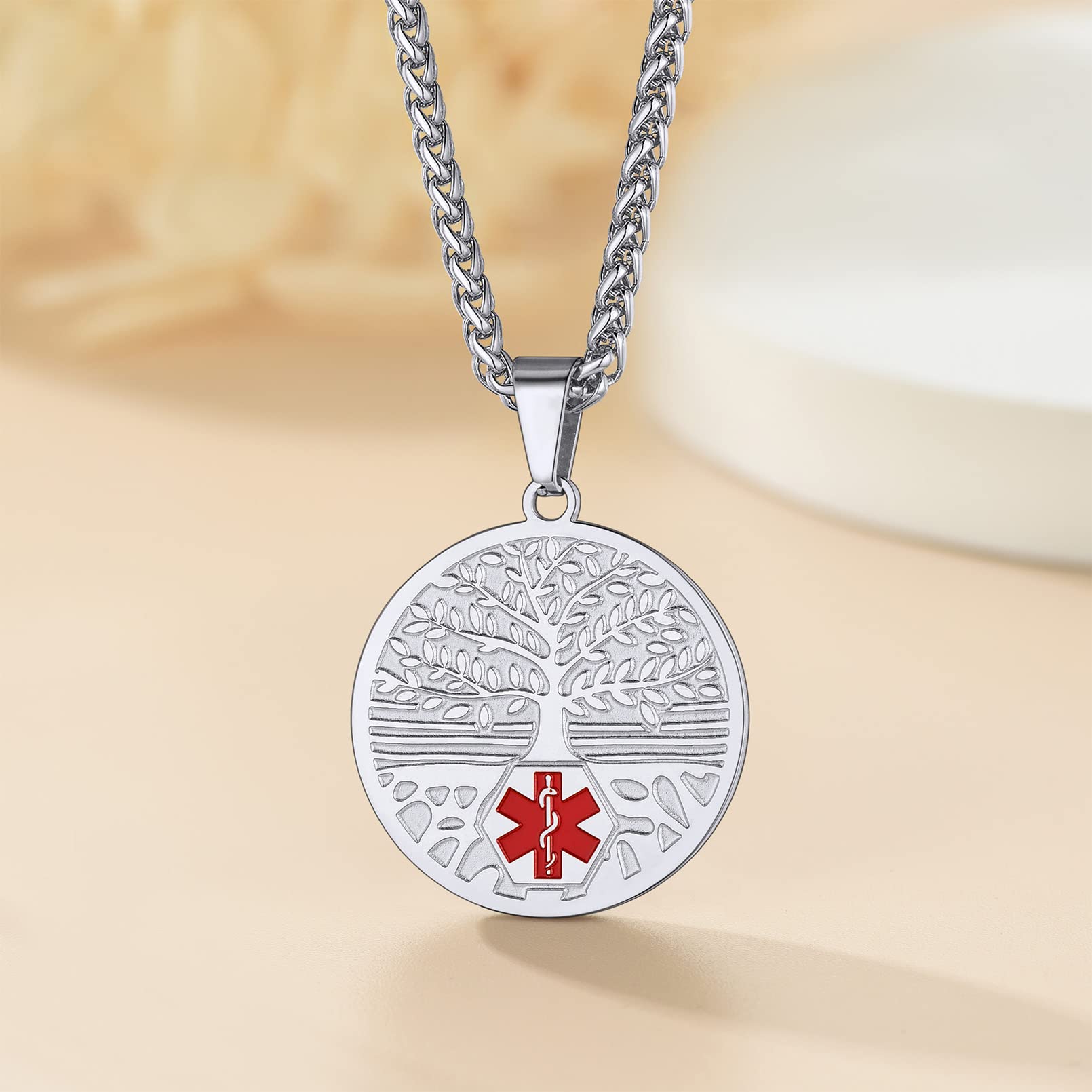 Custom4U Medical Alert Necklace for Women Men Personalized Stainless steel Medical ID Tag Pendant with Free Engraving