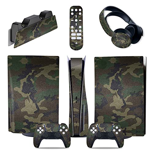 Full Set Skin Decal for PS5 Console Disc Edition Sticker Vinyl Decal Cover for PS5 Controller & Charging Station & Headset & Media Remote Camouflage
