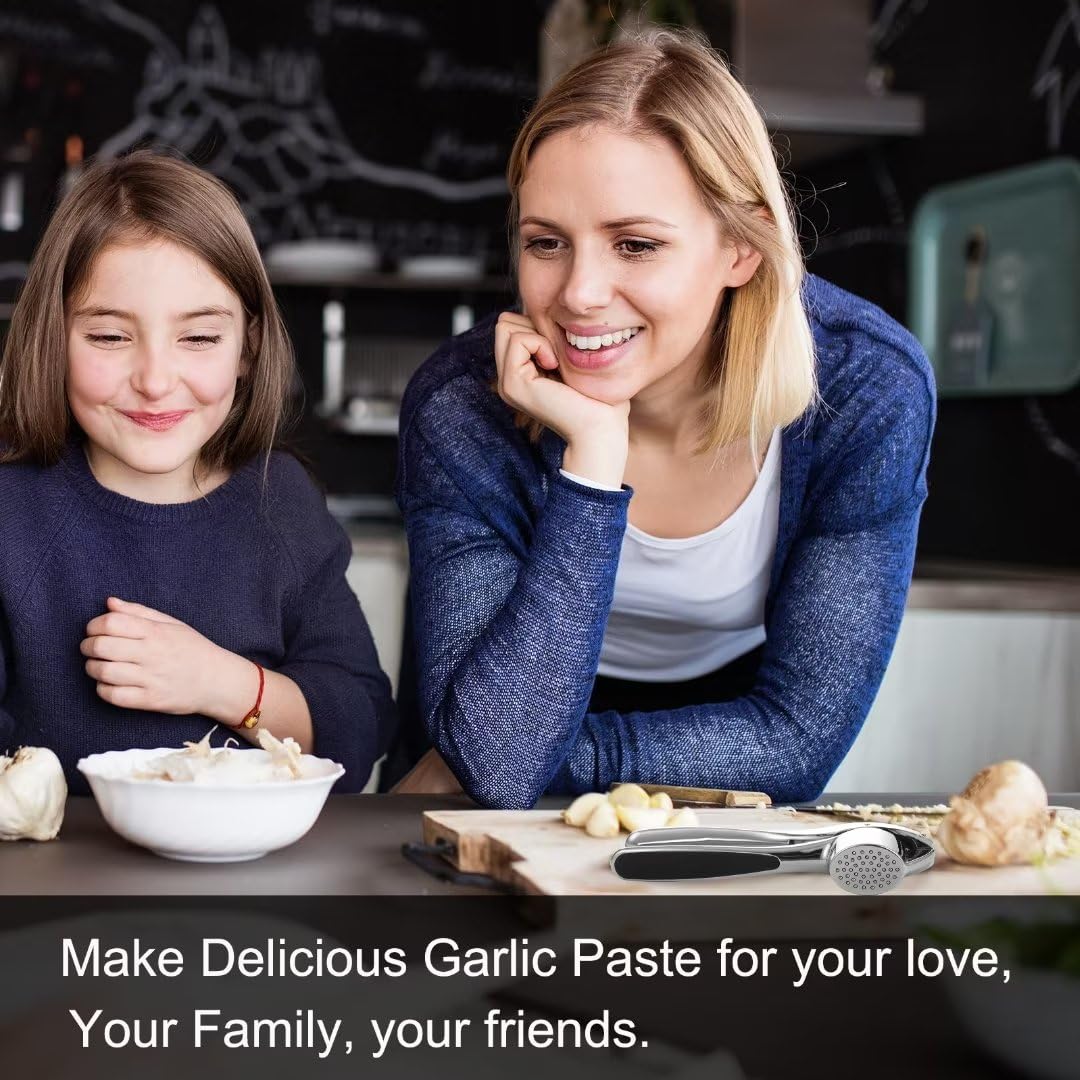 CUNSENR Garlic Press with Silicone Peeler & Brush - Garlic Mincer Tool - Easy to Use & Clean - Garlic Crusher - Rustproof Garlic Smasher - Dishwasher Safe - Press Garlic with Ease (Bright,Silver)