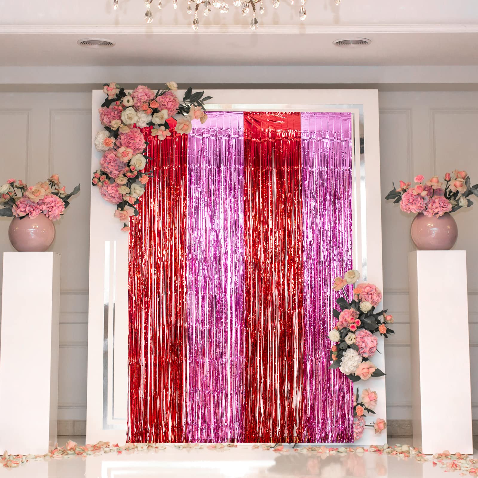 LOLStar 3 Pack Valentines Foil Fringe Curtains Valentine's Day Party Decorations 3.3X6.6 ft Red Pink Tinsel Material Curtain Photo Backdrop Streamer Backdrop for Valentines Day Decor Birthday Wedding