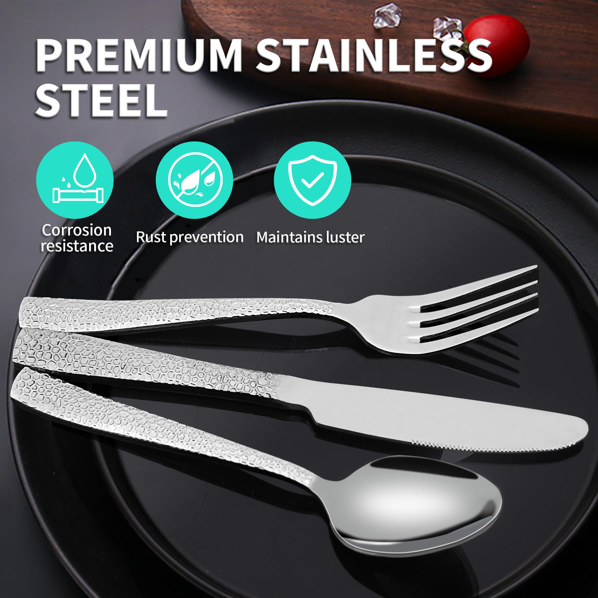 LAIWOO 40 Piece Silverware Set Service for 8, Premium Stainless Steel Hammered Flatware Cutlery Set Forks Spoons and Knives Utensil Sets for Home, Restaurant, Hotel, Mirror Polishe & Dishwasher Safe