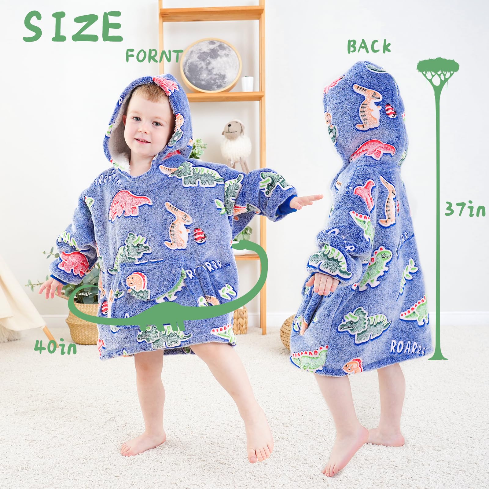 KIVEE Glow in The Dark Dinosaur Wearable Blanket Hoodie for Kids Toddlers