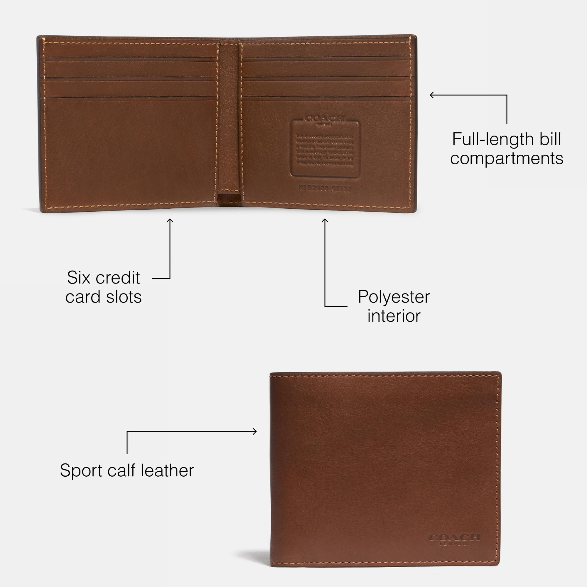 Coach Slim Bifold in Sport Calf, Saddle, One Size