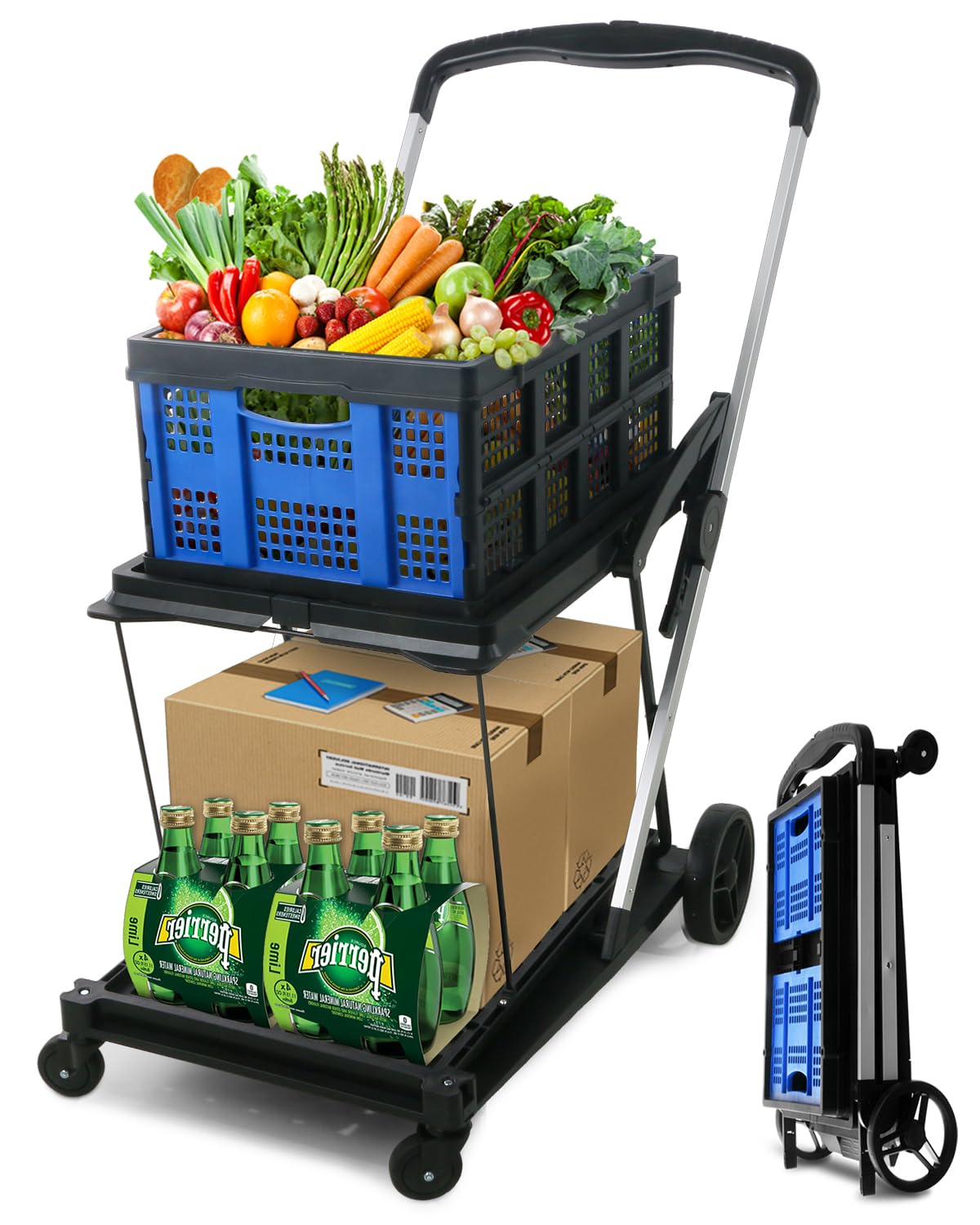 Fumingpal Multi Use Functional Collapsible Carts - 2 Tier Foldable Cart with Wheels | Shopping Cart with 1 Storage Crates | Foldable Trolley Great for Shopping, Catering, Warehouse, Picnicking