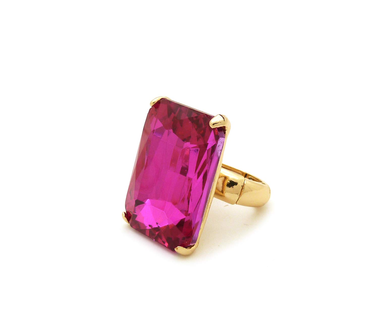 Women's Extra Big Crystal Colorful Stone Stretch Ring (Rectangle - Fuchsia)