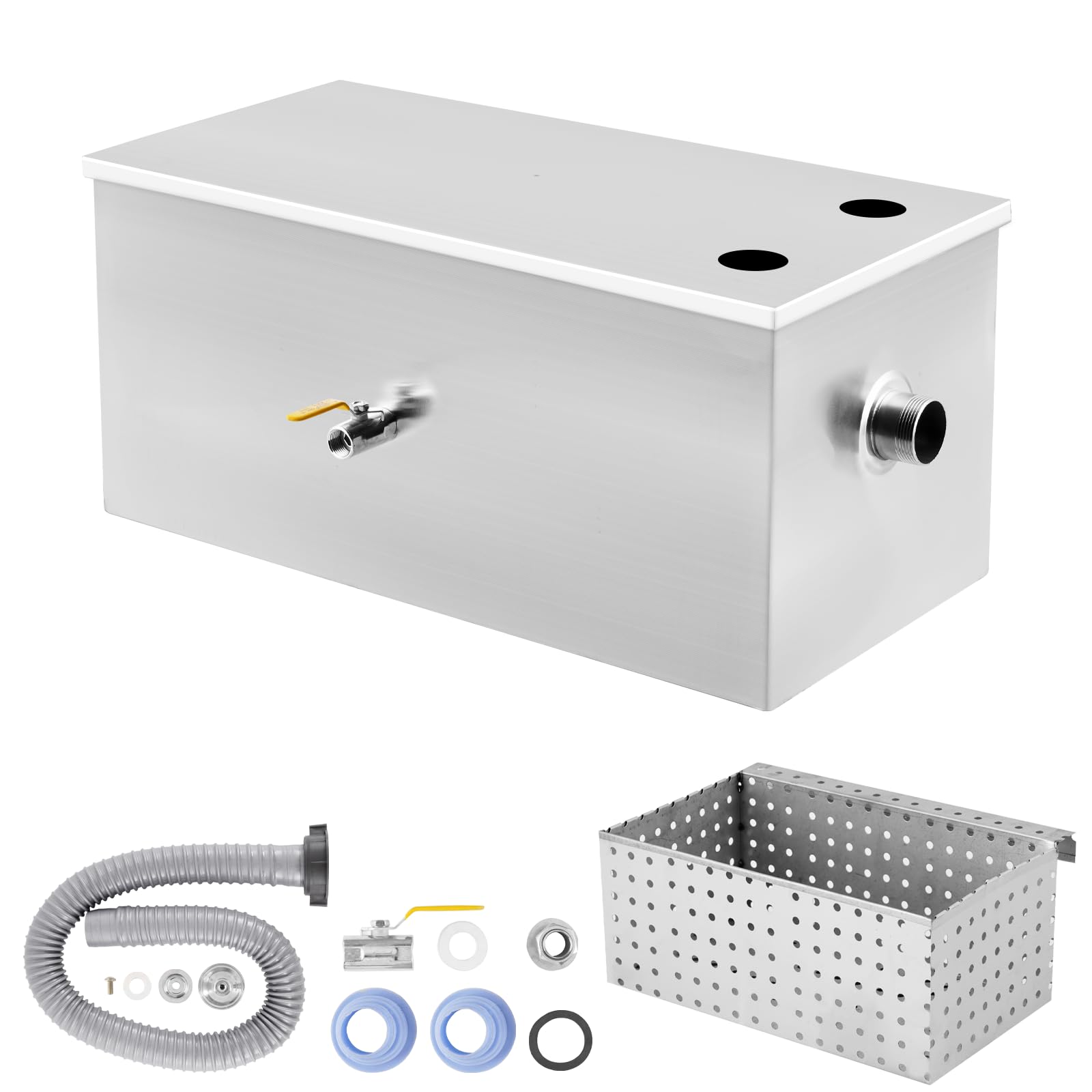 JIAWANSHUN Commercial Grease Traps 25LB Grease Interceptor Top Inlet Stainless Steel Grease Trap,with Filter Cleaning Brush,4 stage Filtration for Resaturant Food Truck,23.4x11.7x11.7in