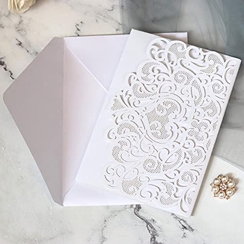 NC 10sets 3D Pop Up Bride And Groom White Wedding Invitation Card Laser Cut Pocket Floral Engagement Invitations with Envelope & Inner Paper (White), 18x12.5CM