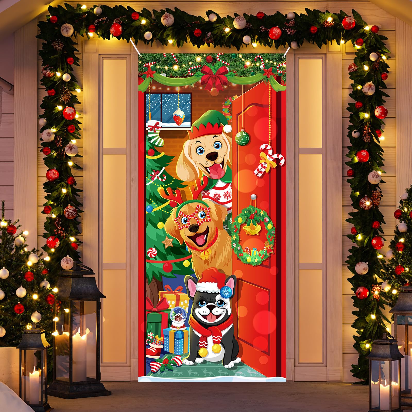 Konsait Christmas Dog Door Cover, 78.7 X 35.4 In Christmas Door Banner Front Door Christmas Decorations Christmas Porch Decor Funny Xmas Dogs Front Door Decorations Christmas Party Home Decor