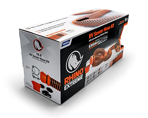 Camco RhinoEXTREME 15-Foot Camper/RV Sewer Hose Kit | Features TPE Technology for Abrasion Resistance and Crush Protection | Includes Pre-Attached Rhino Swivel Fittings (39861)
