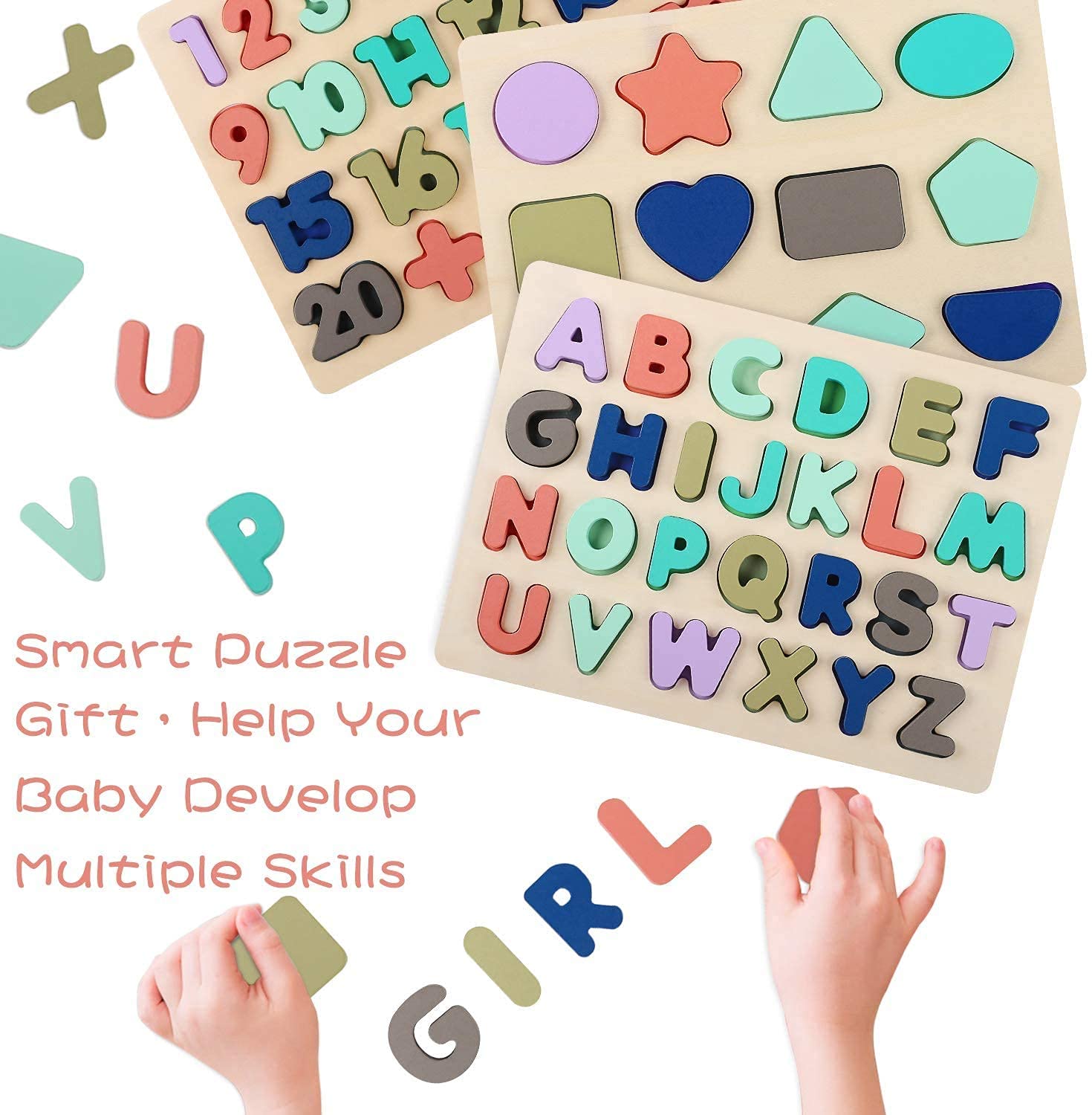 Wooden Puzzles for Toddlers, LENNYSTONE Alphabet Number Shape Puzzles Toddler Preschool Education Learning Toys for Kids Age 3 4 5 Year olds