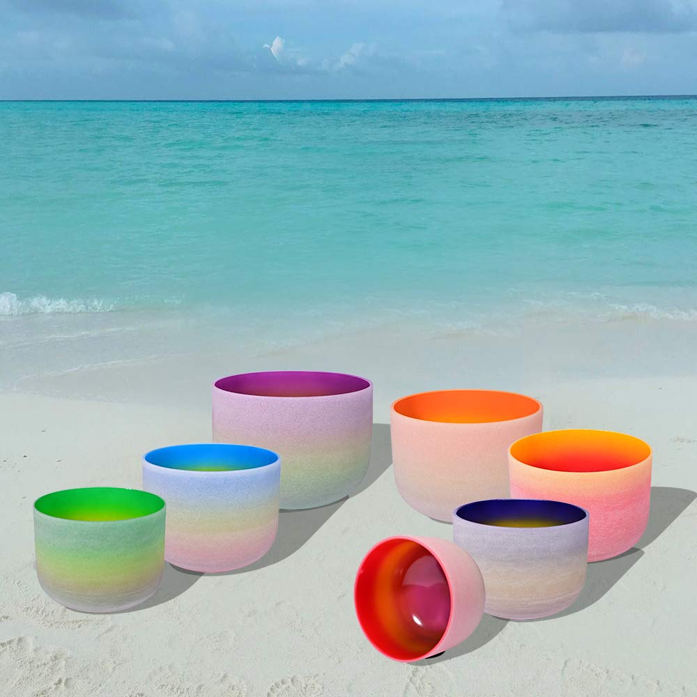 CVNC 432HZ Set Of 7 PCS 8-14 Inch Rainbow Colored Frosted Quartz Crystal Singing Bowls