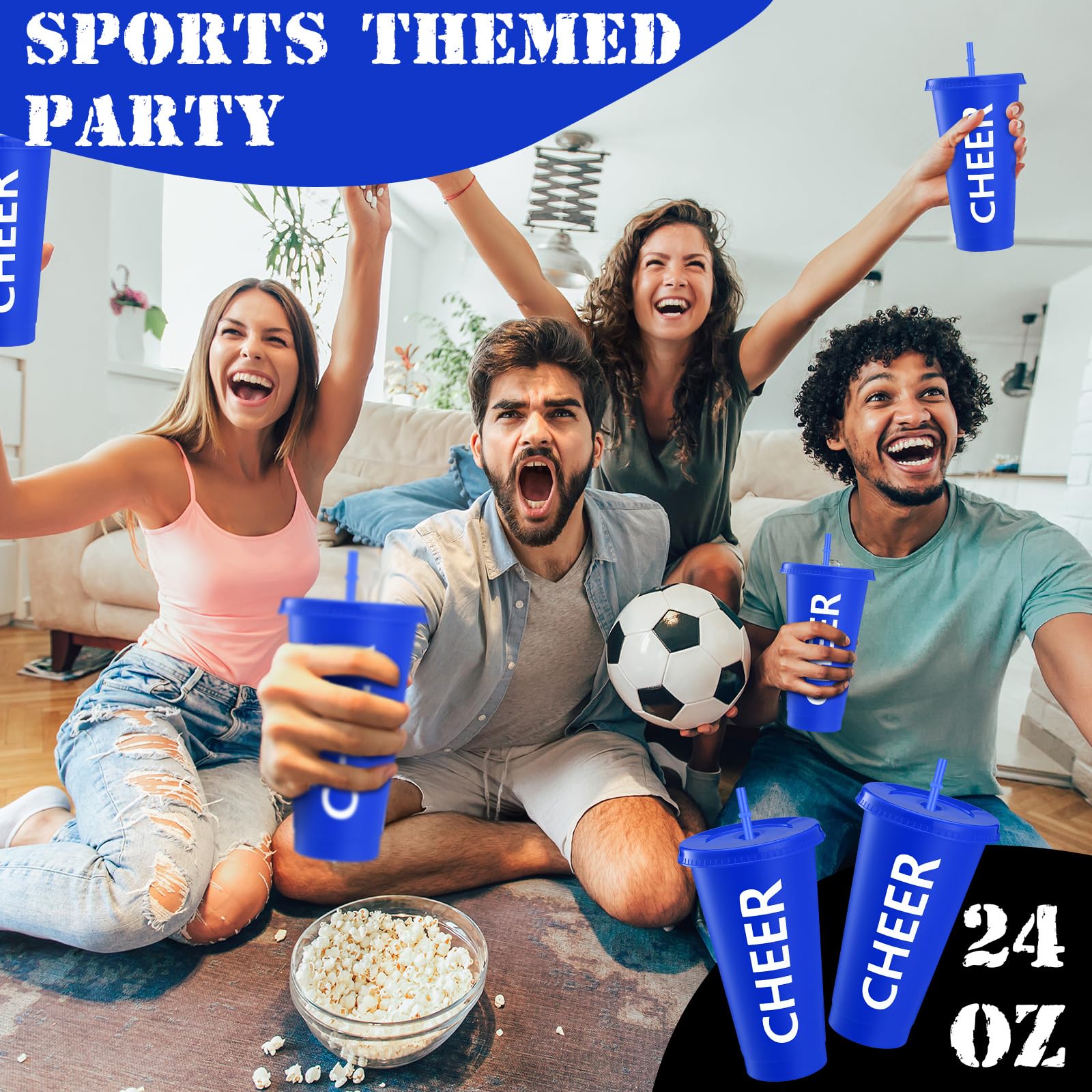 Layhit Cheer Teams Gifts Cheer Tumbler Cups Bulk 24 oz Reusable Cheer Plastic Tumbler with Straw and Lid Cheer Water Bottles for Team(Blue,12 Sets)