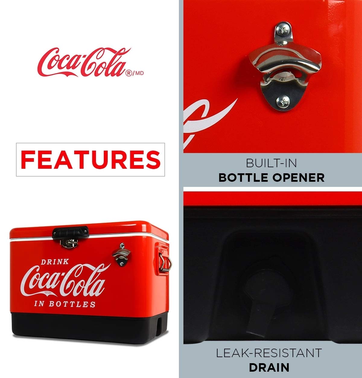 Coca-Cola Ice Chest Beverage Cooler with Bottle Opener, 51L (54 qt), 85 Can Capacity Portable Cooler, Red and Black, for Camping, Beach, RV, BBQs, Tailgating, Fishing