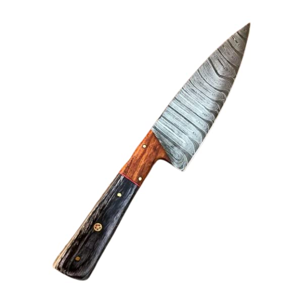 CUSTOM HANDMADE DAMASCUS STEEL CHEF KNIFE KITCHEN KNIFE W/ WOOD HANDLE WITH LEATHER SHEATH, Black, 12.5 Inches