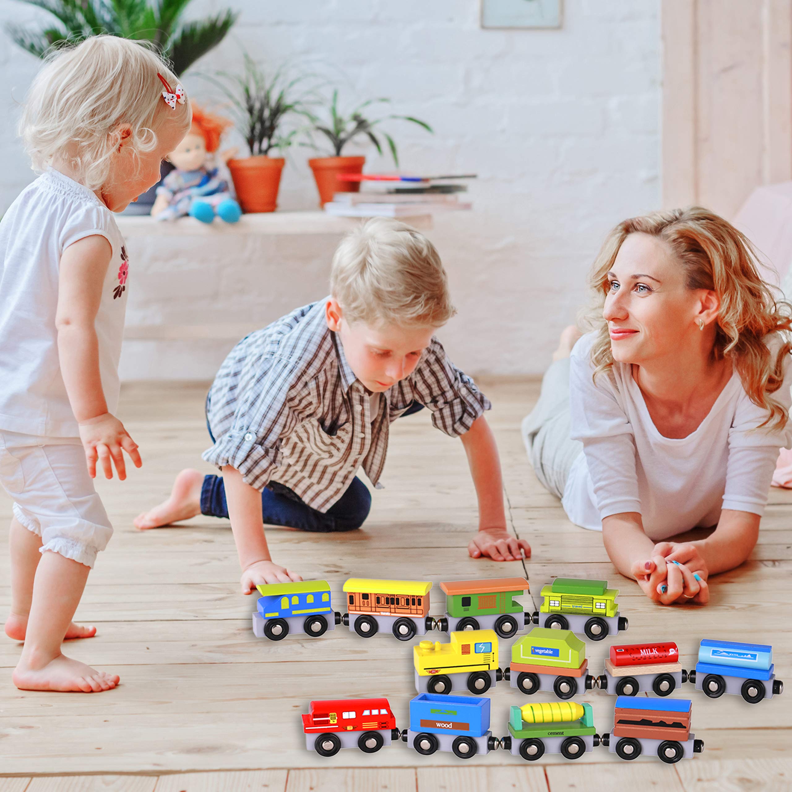 Wooden Train Cars - 12 Pack - A Kids Favorite Toy Train Set