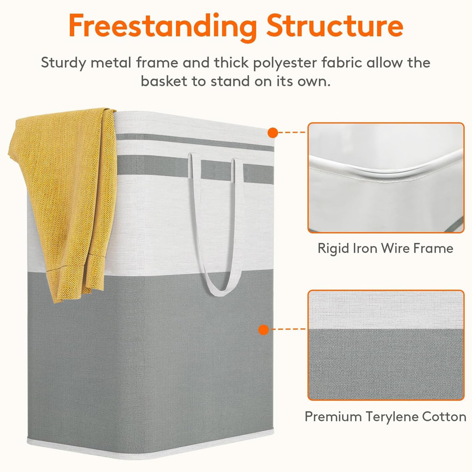 Ganliving: Two Large 75-Litre Freestanding Laundry Baskets, Collapsible with Portable Handles, Water-Resistant High Hamper for The Laundry Dormitory Bedroom Bathroom. (ORANGE WHITE)